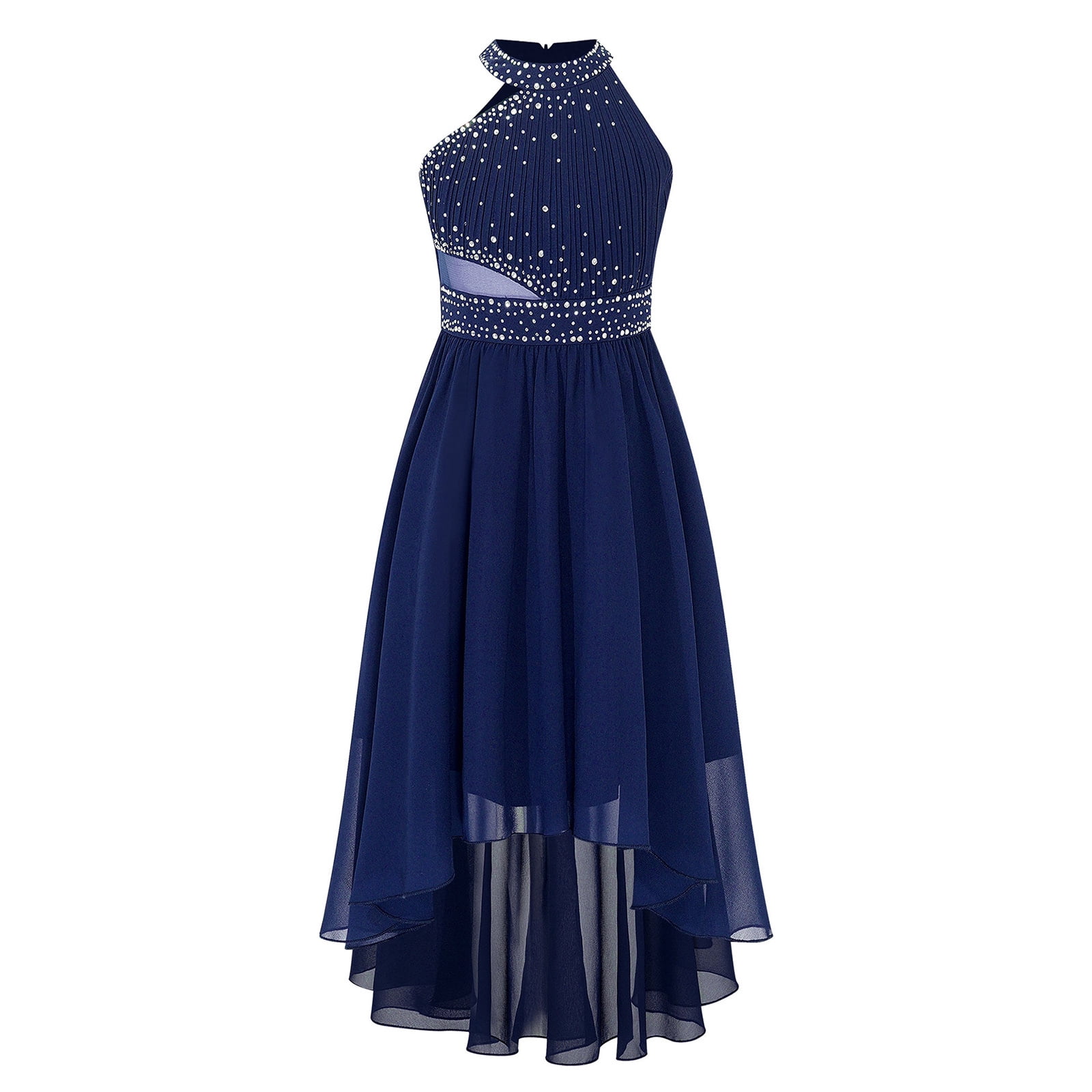 YONGHS Kids Flower Girls Rhinestone High Low Formal Dress Navy Blue ...