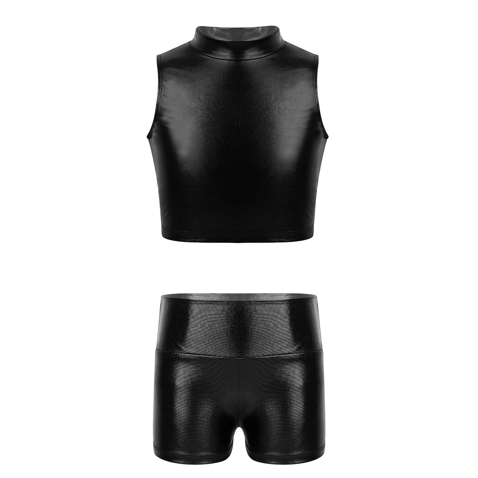 YONGHS Kids Girls 2 Piece Dance Outfits Shiny Crop Top Sports Bra with ...