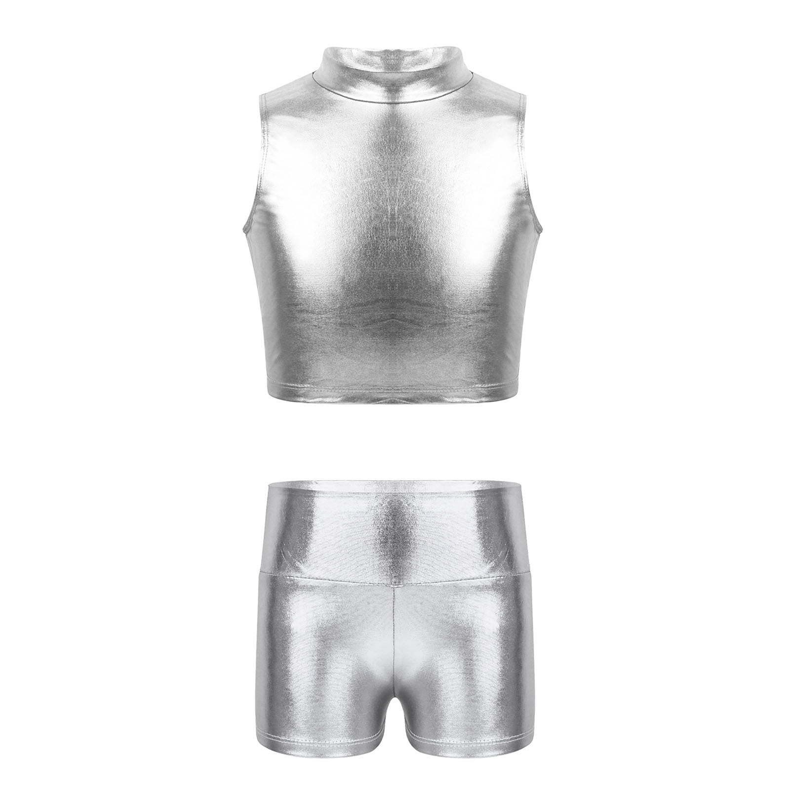YONGHS Kids Girls 2 Piece Dance Outfits Shiny Crop Top Sports Bra with ...