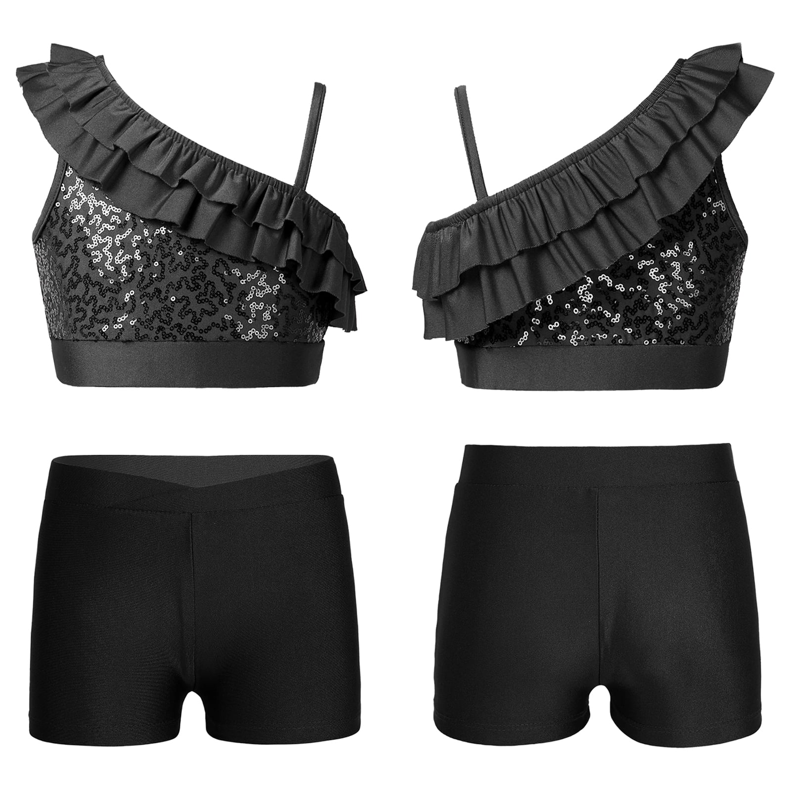 YONGHS Kids Girls 2 Piece Gymnastics Dance Outfits Sequins Crop Top ...