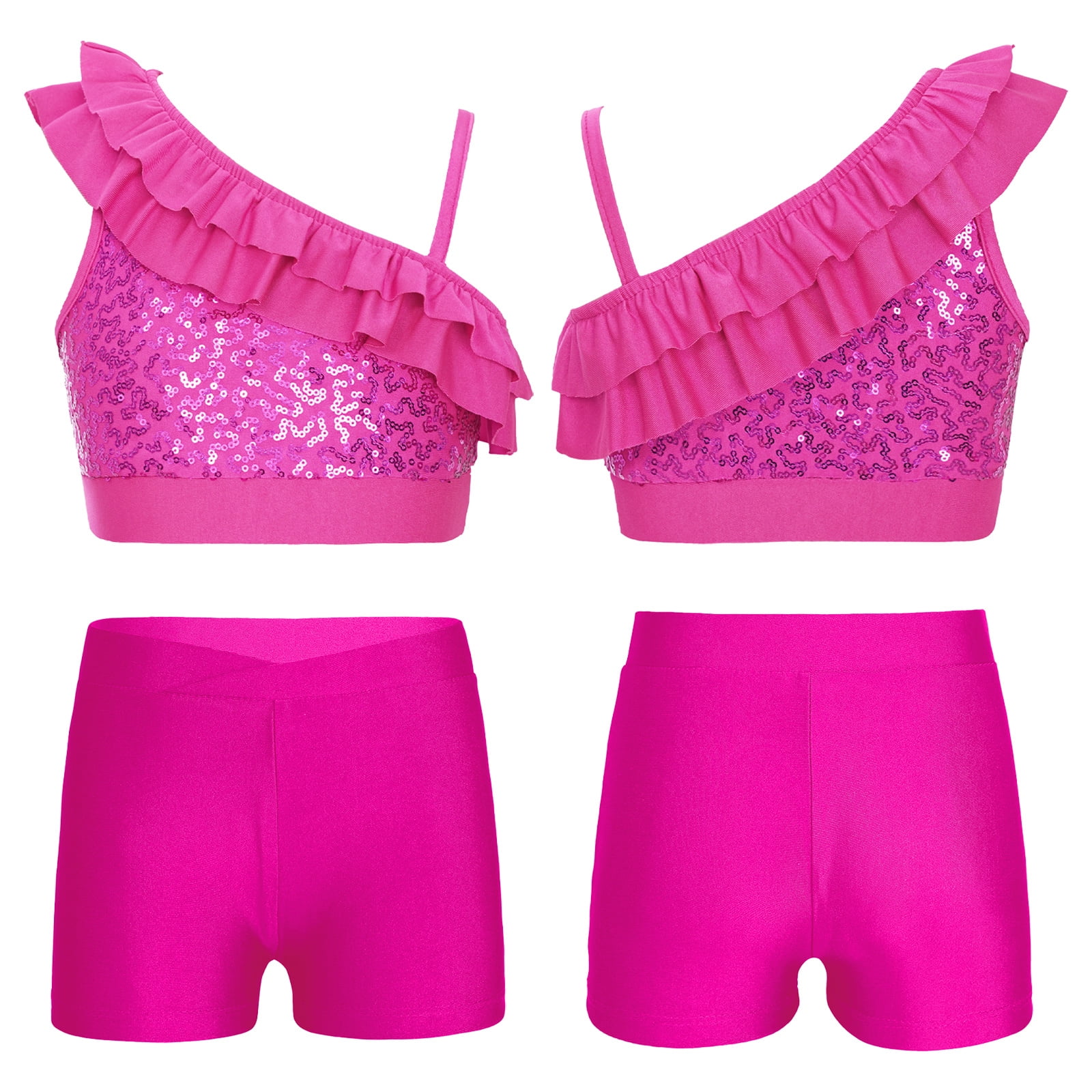 YONGHS Kids Girls 2 Piece Gymnastics Dance Outfits Sequins Crop Top ...