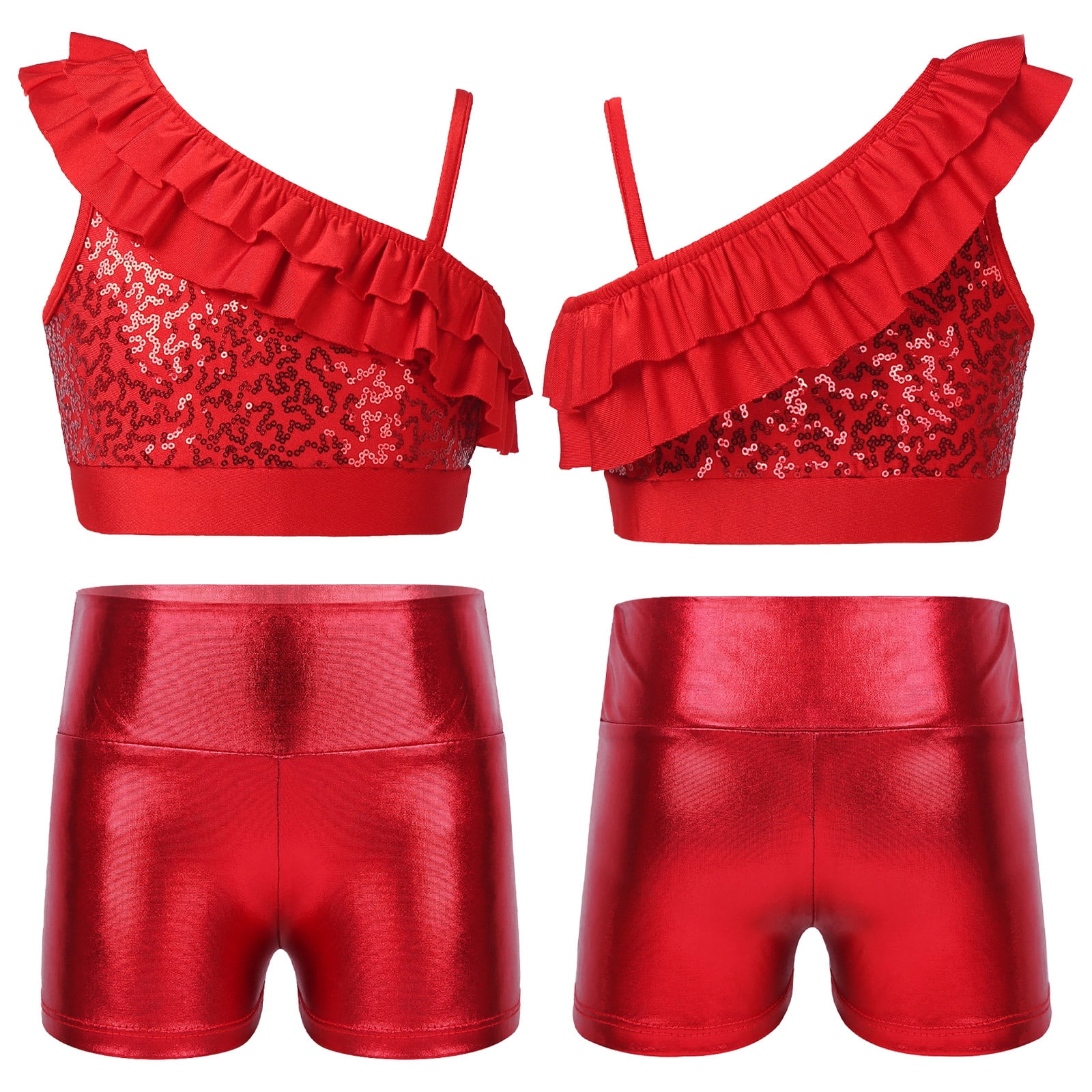 YONGHS Kids Girls 2 Piece Gymnastics Dance Outfits Sequins Crop Top ...