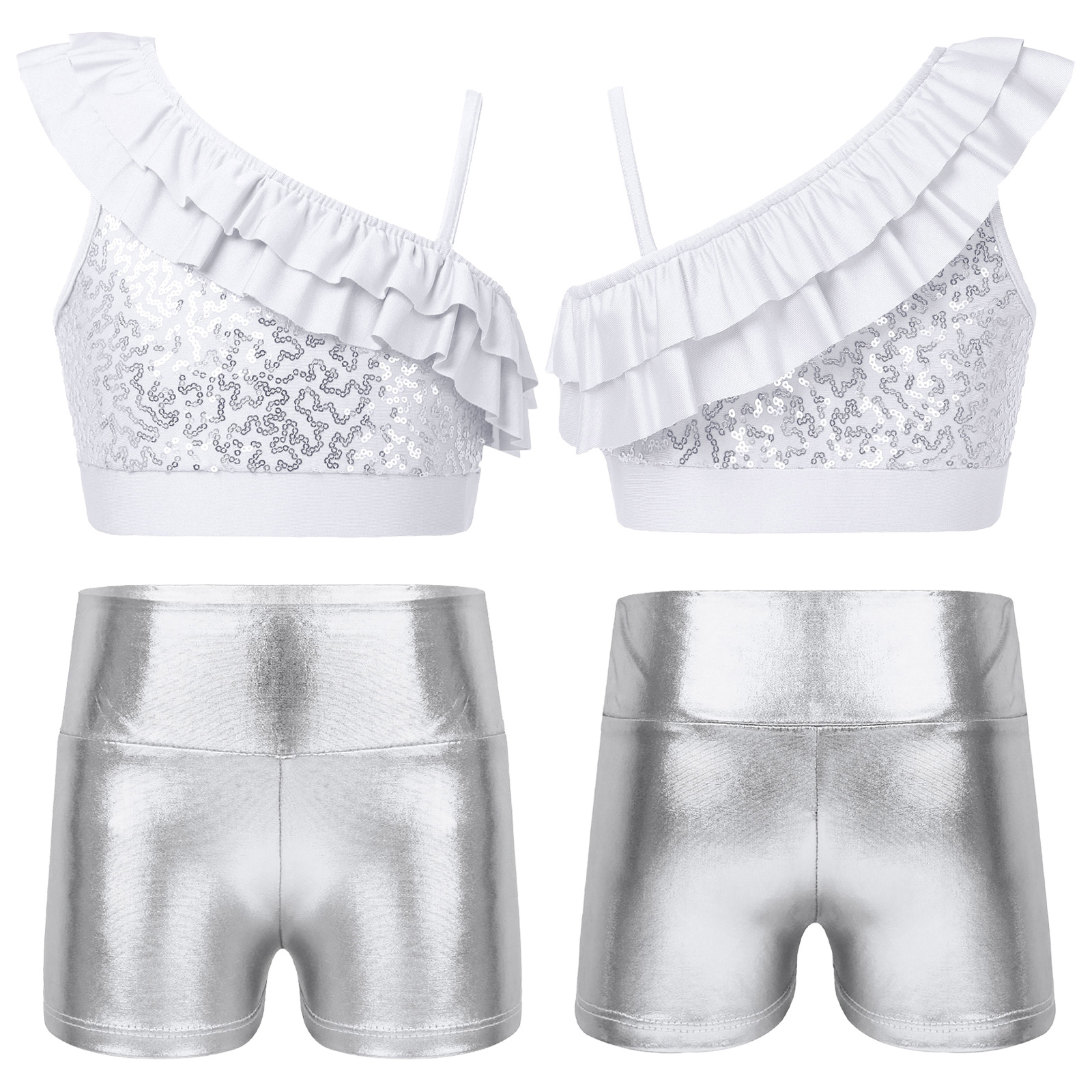 YONGHS Kids Girls 2 Piece Gymnastics Dance Outfits Sequins Crop Top ...