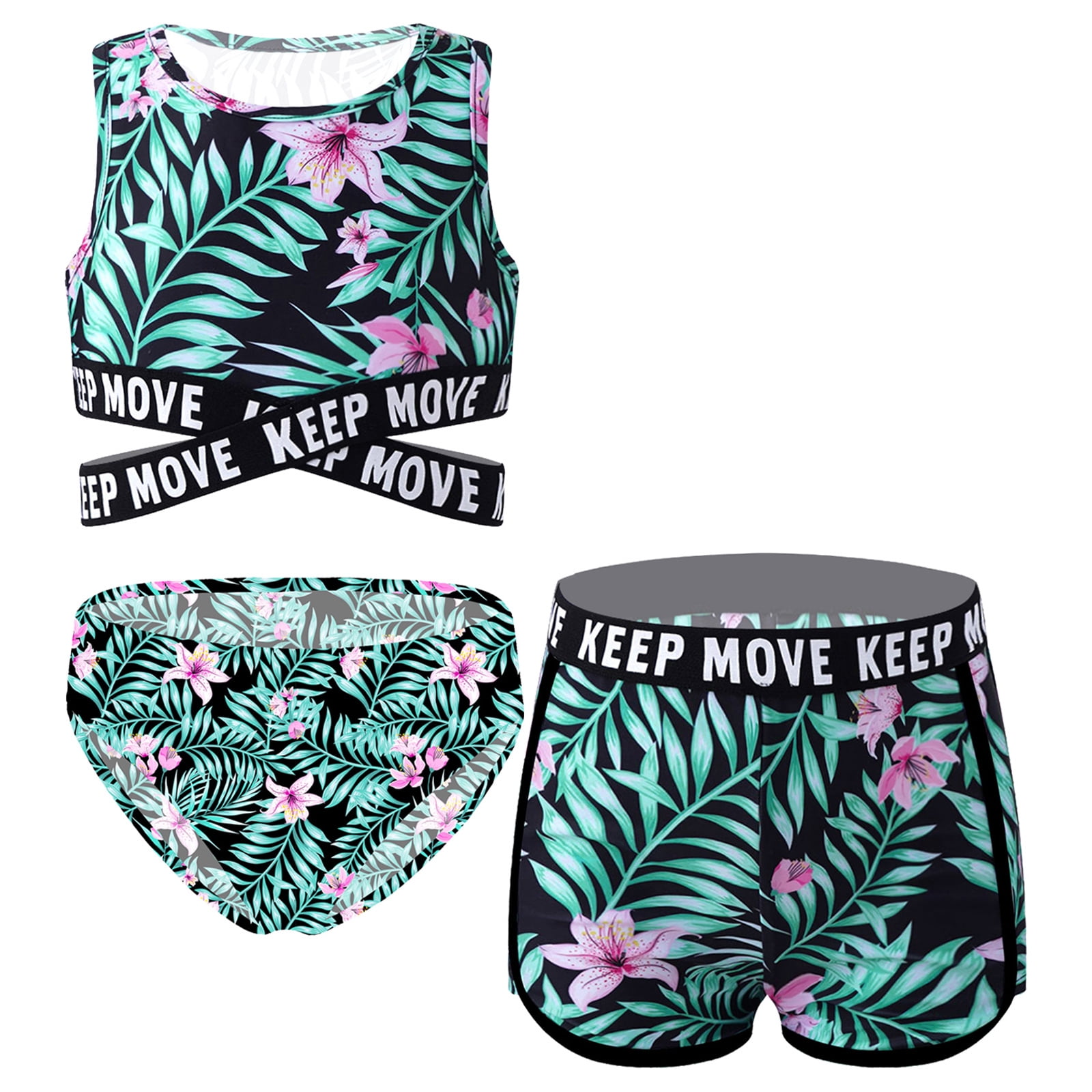 YONGHS Kids Girls 3 Pcs Tankini Sets Swimsuit Crop Top with Brief Booty ...