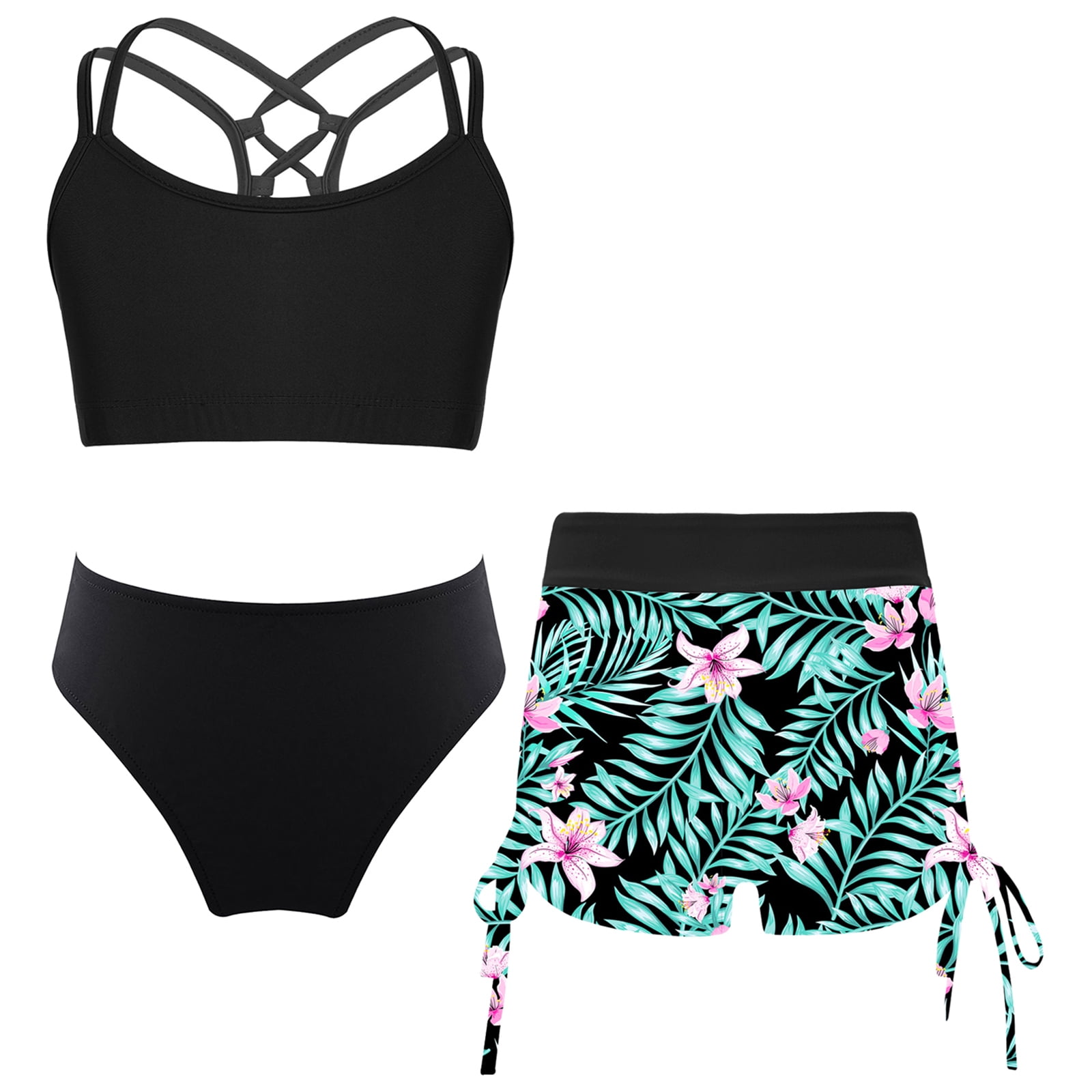 YONGHS Kids Girls 3 Piece Swimwear Bathing Suit Drawstring Swim Bottom ...
