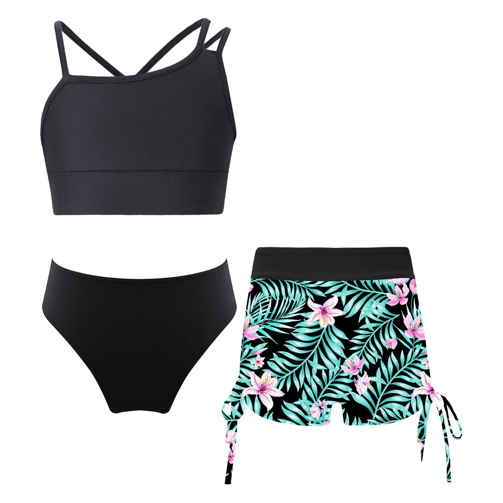 YONGHS Kids Girls 3 Piece Swimwear Bathing Suit Drawstring Swim Bottom ...