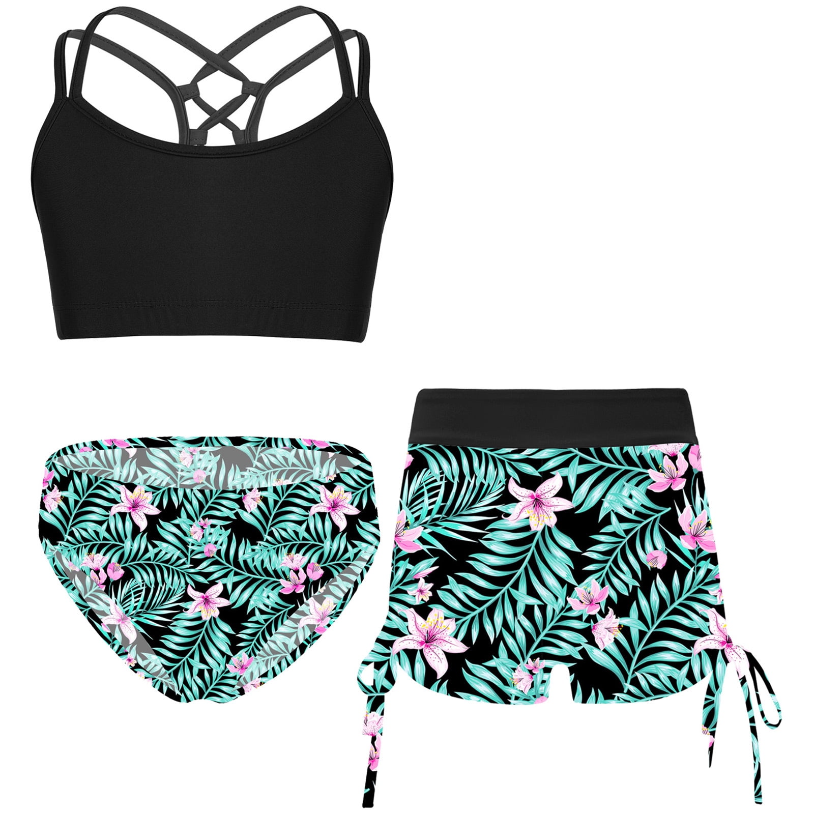 YONGHS Kids Girls 3 Piece Swimwear Bathing Suit Drawstring Swim Bottom ...