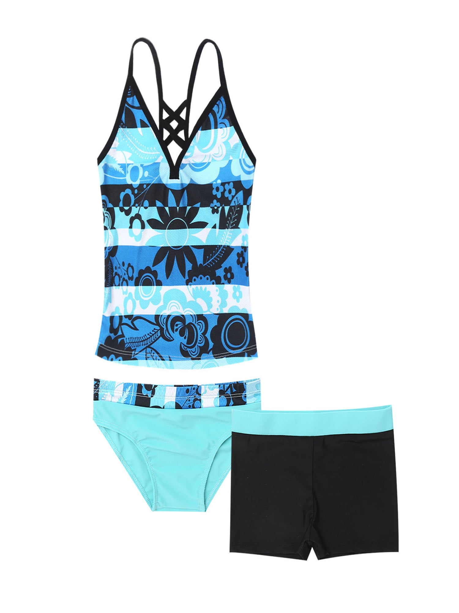YONGHS Kids Girls 3-Piece Tankini Sets Swimsuit Top with Briefs Shorts ...
