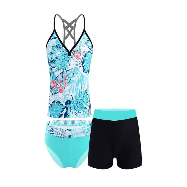 YONGHS Kids Girls 3-Piece Tankini Sets Swimsuit Top with Briefs Shorts ...