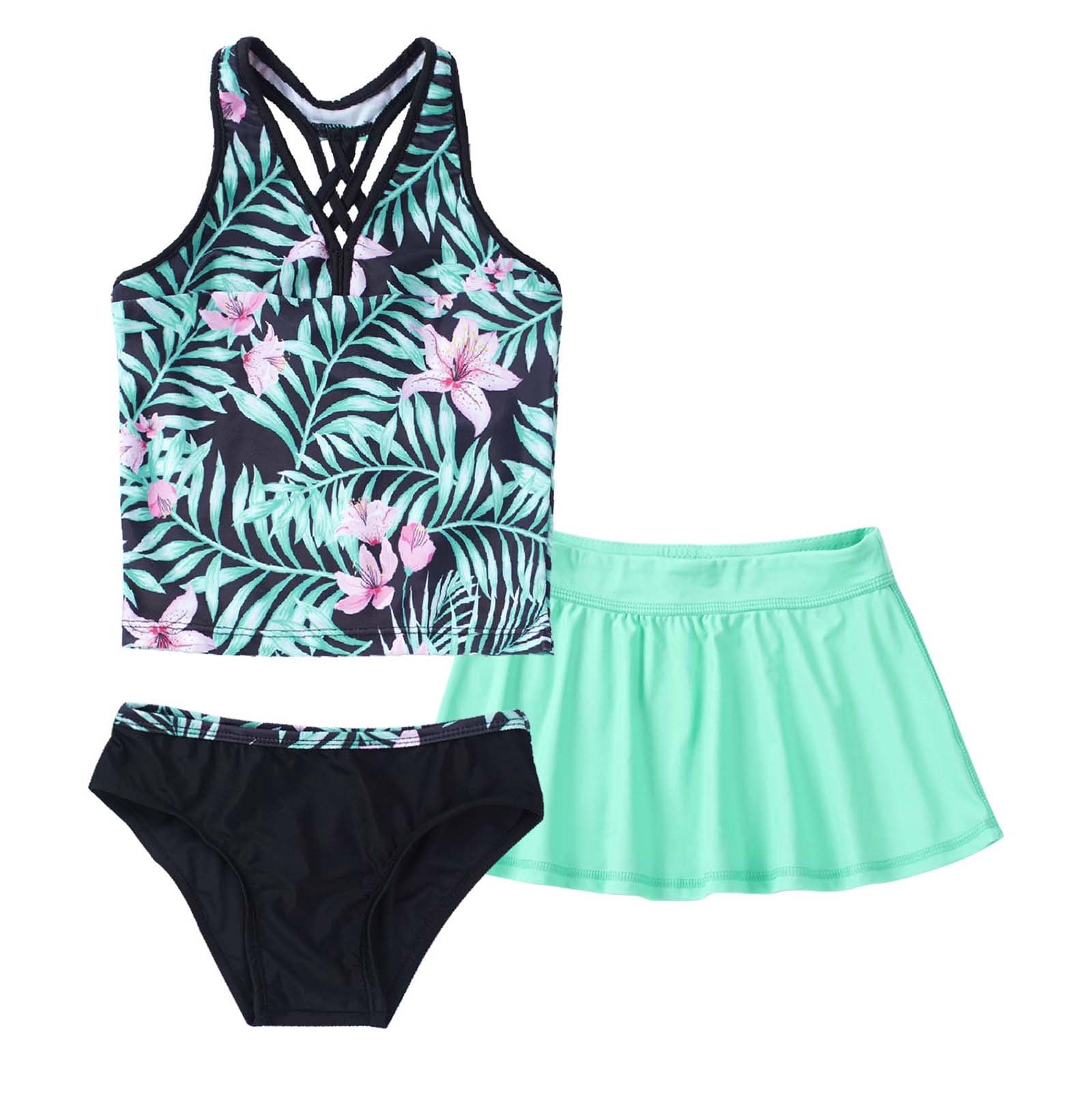 YONGHS Kids Girls 3Pcs Tankini Set Swim Bottom Skirts and Criss Cross ...