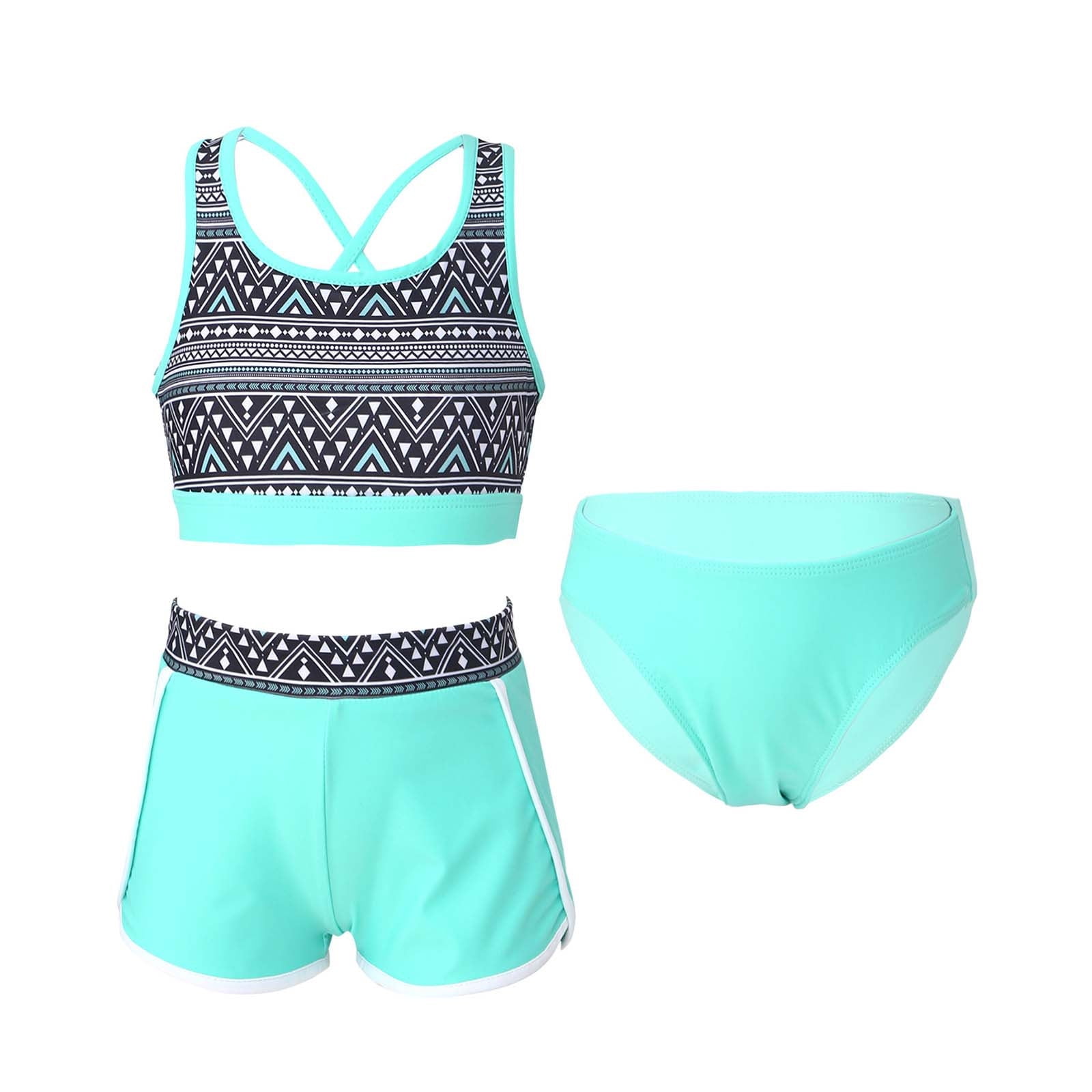 YONGHS Kids Girls 3Pcs Tankini Swimsuit Crop Top with Boyshorts Briefs ...