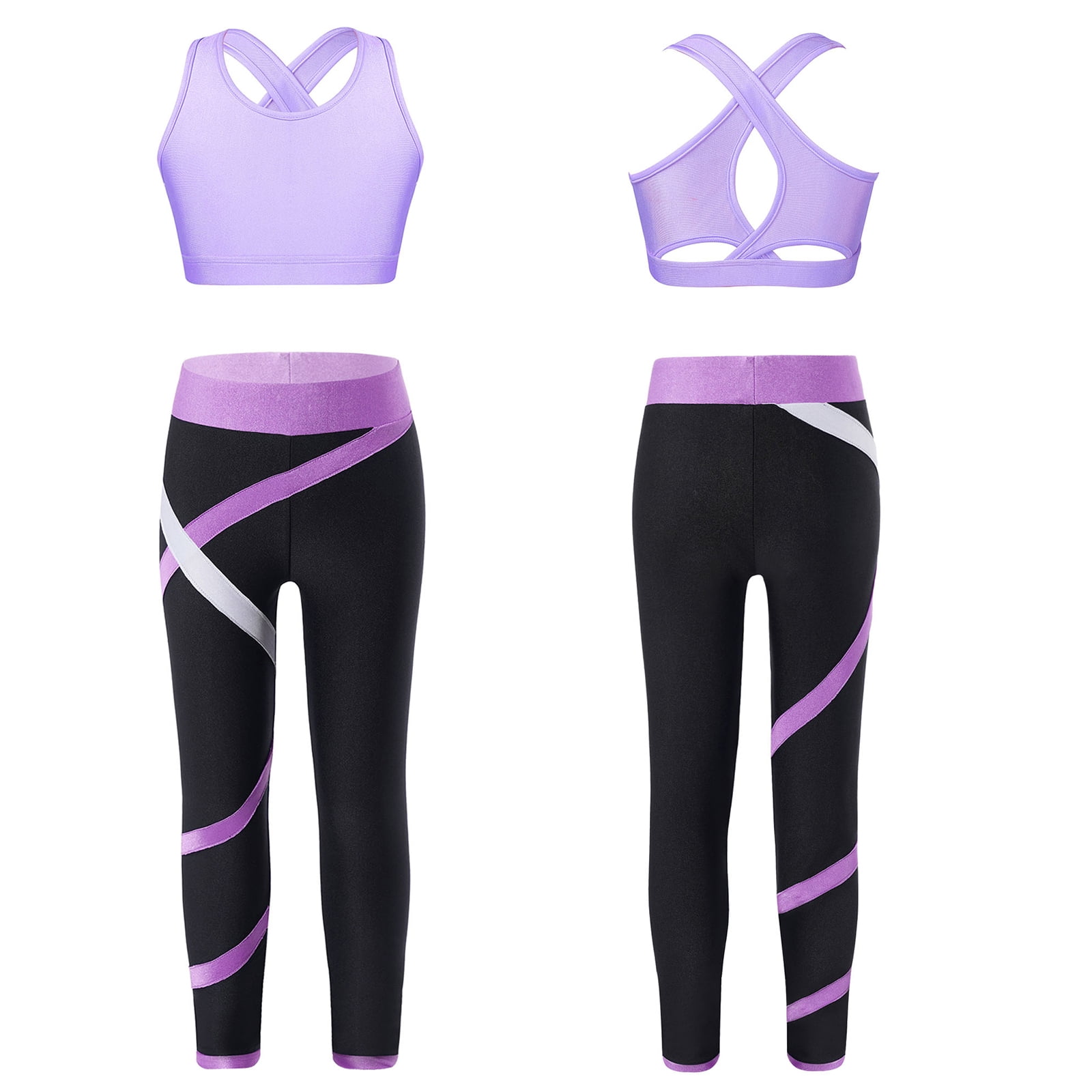 YONGHS Kids Girls Athletic Dance Crop Top Legging Set Gymnastics Dance ...