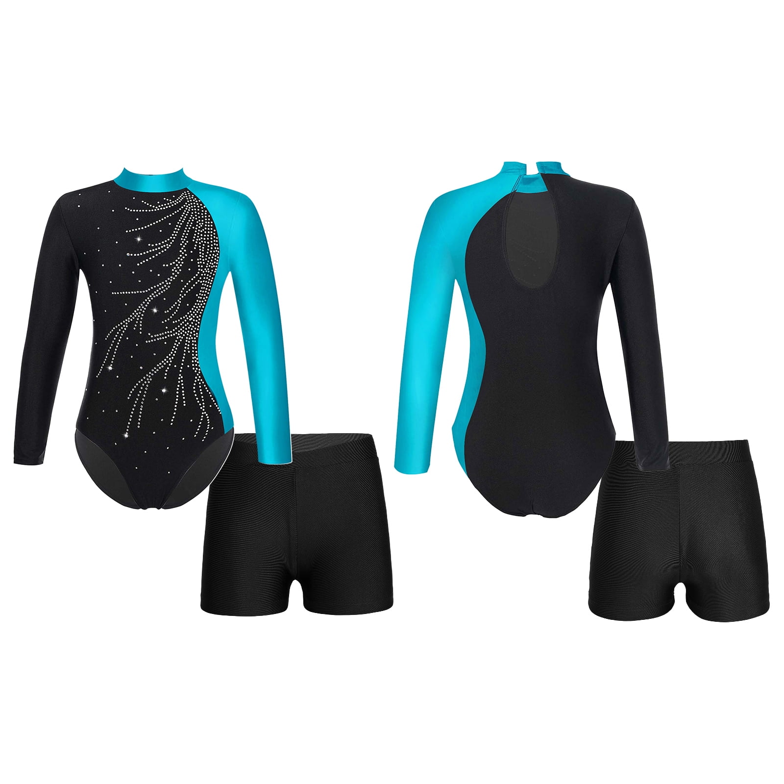 YONGHS Kids Girls Athletic Gymnastic Outfits Sparkly Leotard Shorts Set ...