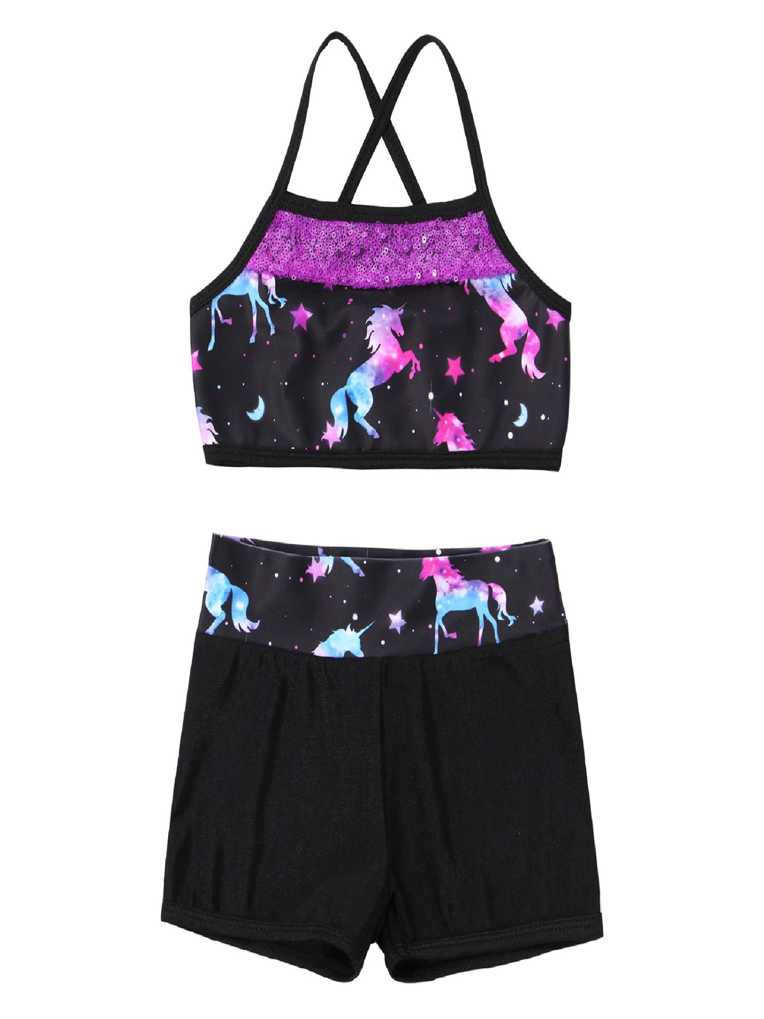 YONGHS Kids Girls Ballet Sequins Mermaid Tank Crop Top Shorts Set ...