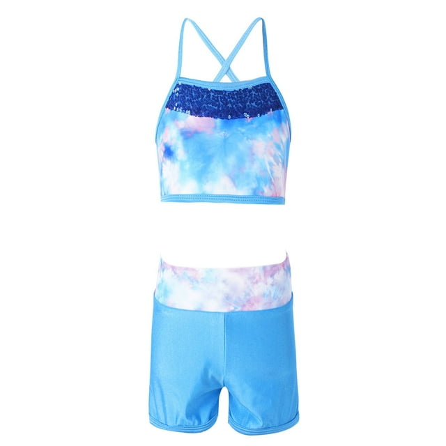 YONGHS Kids Girls Ballet Sequins Mermaid Tank Crop Top Shorts Set ...