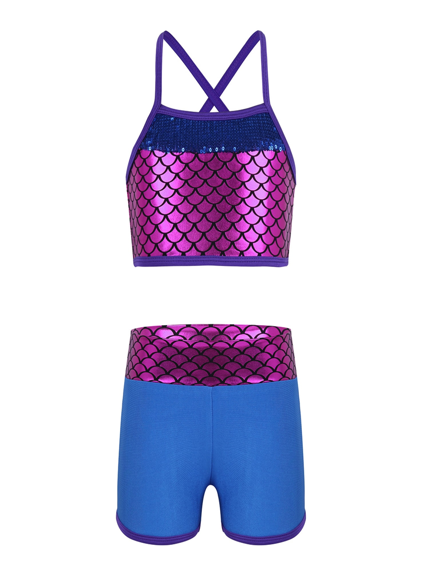 YONGHS Kids Girls Ballet Sequins Mermaid Tank Crop Top Shorts Set ...