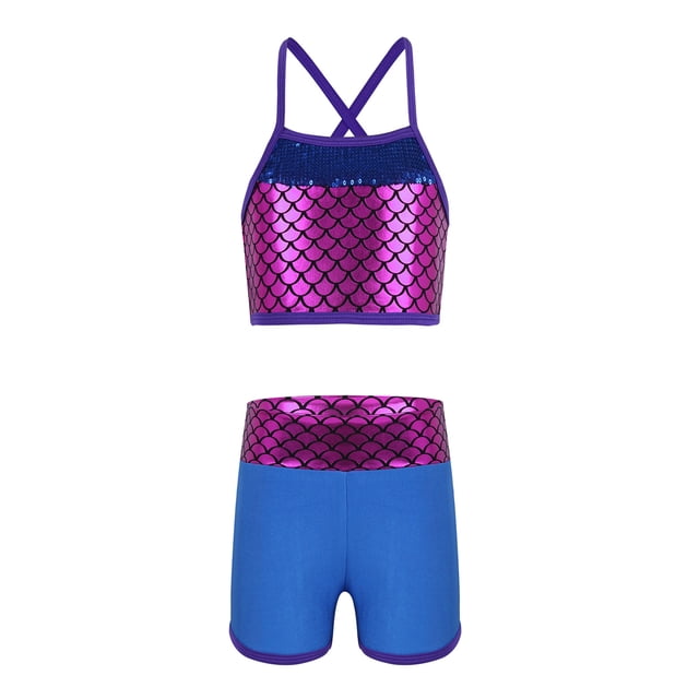 YONGHS Kids Girls Ballet Sequins Mermaid Tank Crop Top Shorts Set ...