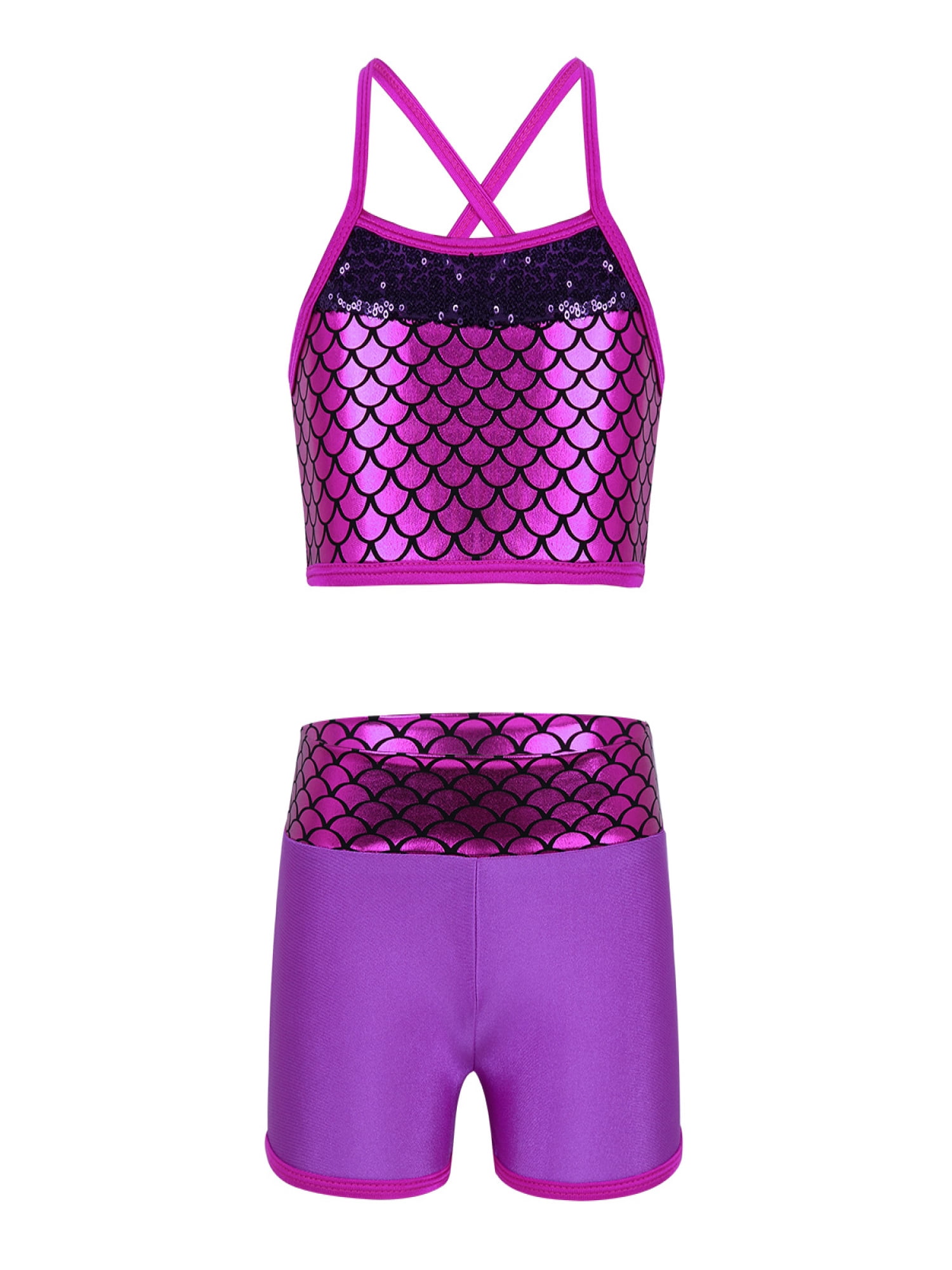 YONGHS Kids Girls Ballet Sequins Mermaid Tank Crop Top Shorts Set ...