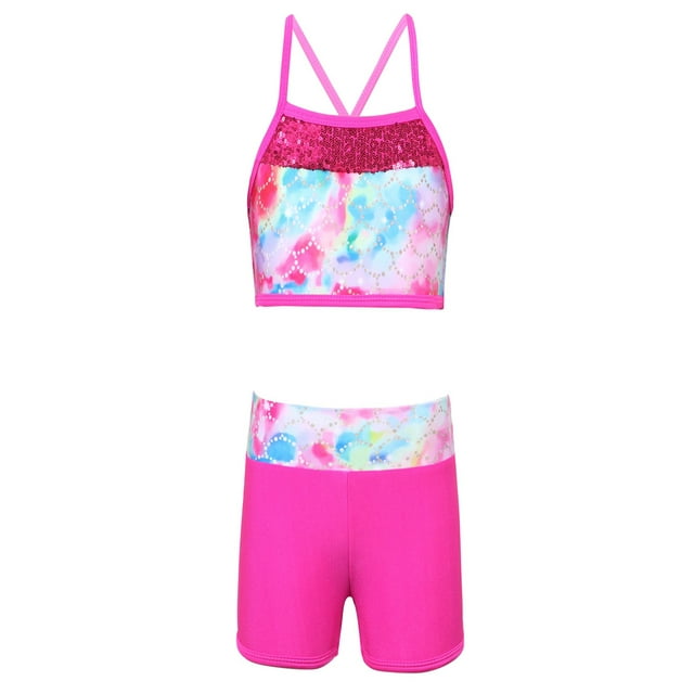 YONGHS Kids Girls Ballet Sequins Mermaid Tank Crop Top Shorts Set ...