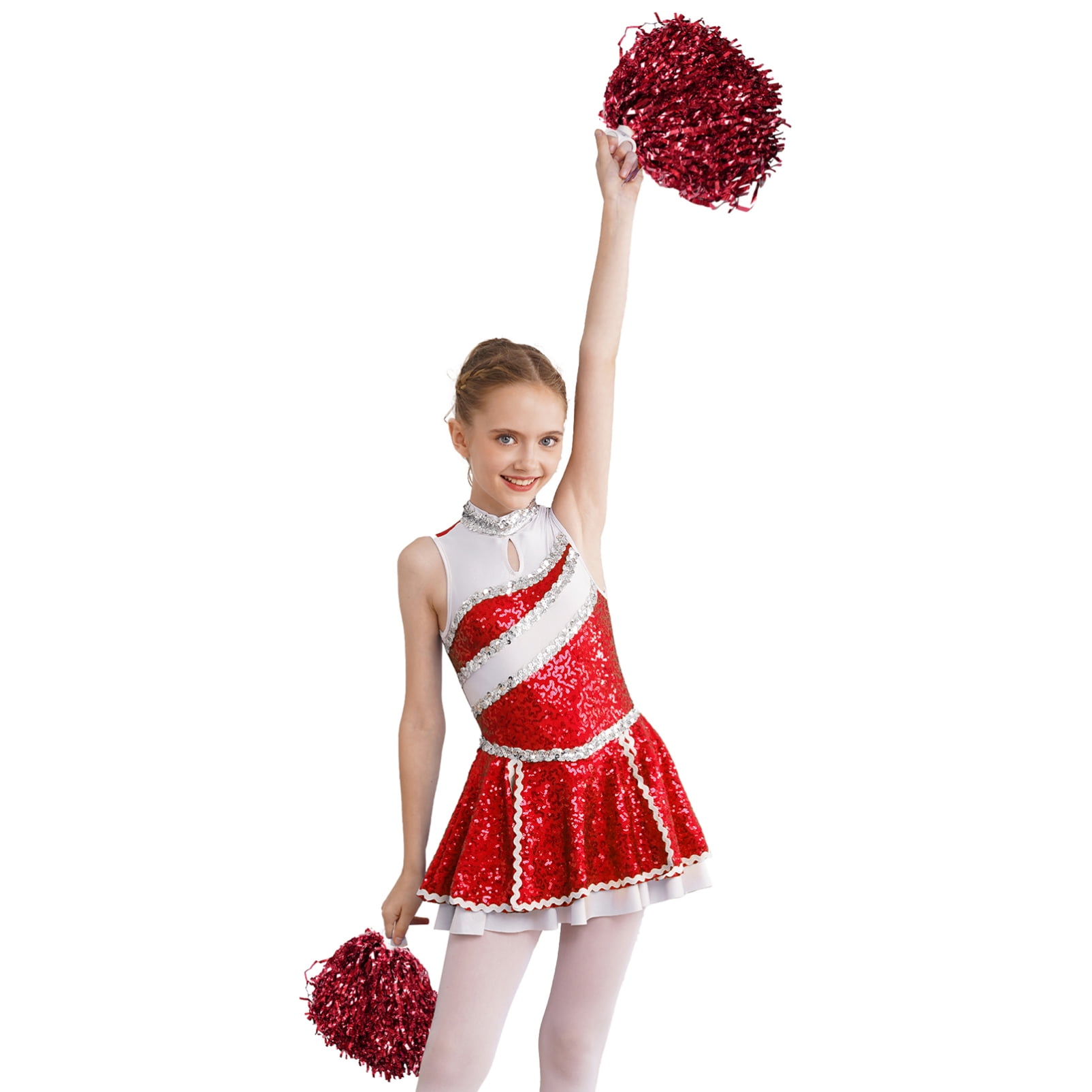 YONGHS Kids Girls Cheer Leader Uniform Sequin Cheerleading Dance Dress with Pom Poms Red 10 ...