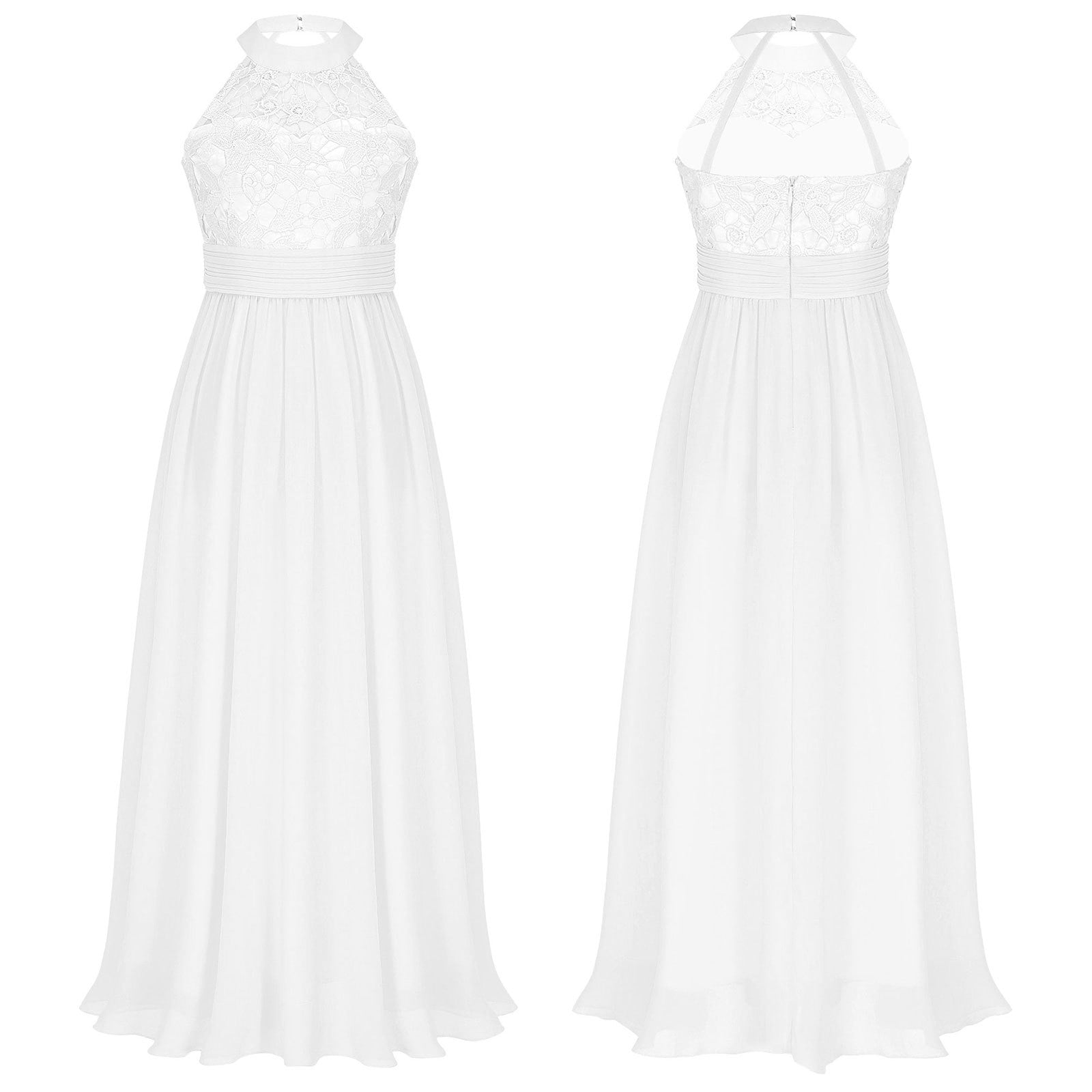 YONGHS Kids Girls Chiffon Evening Dress Halter Neck Formal Gown White ...