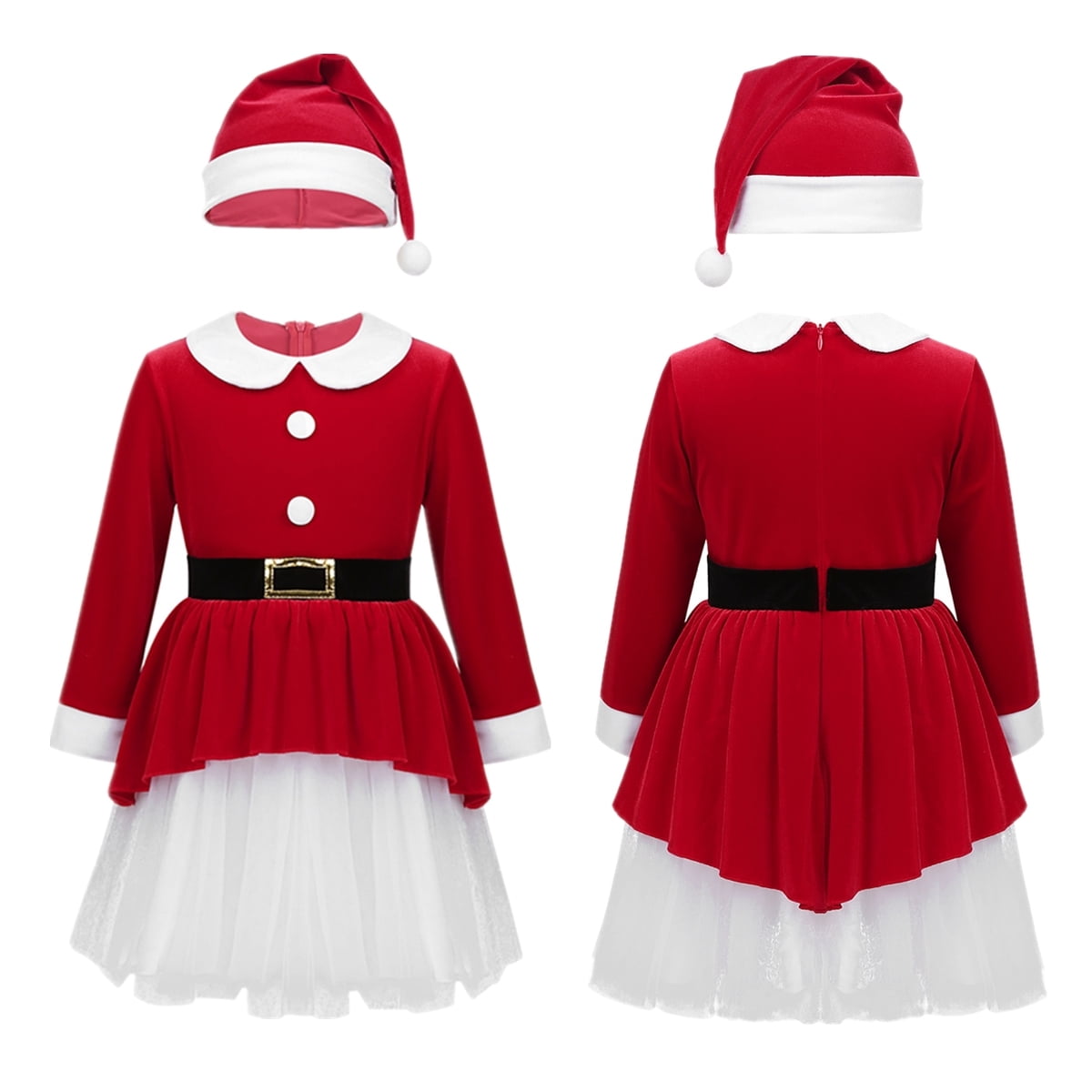 YONGHS Kids Girls Christmas Santa Claus Costume Red Velvet Leotard ...