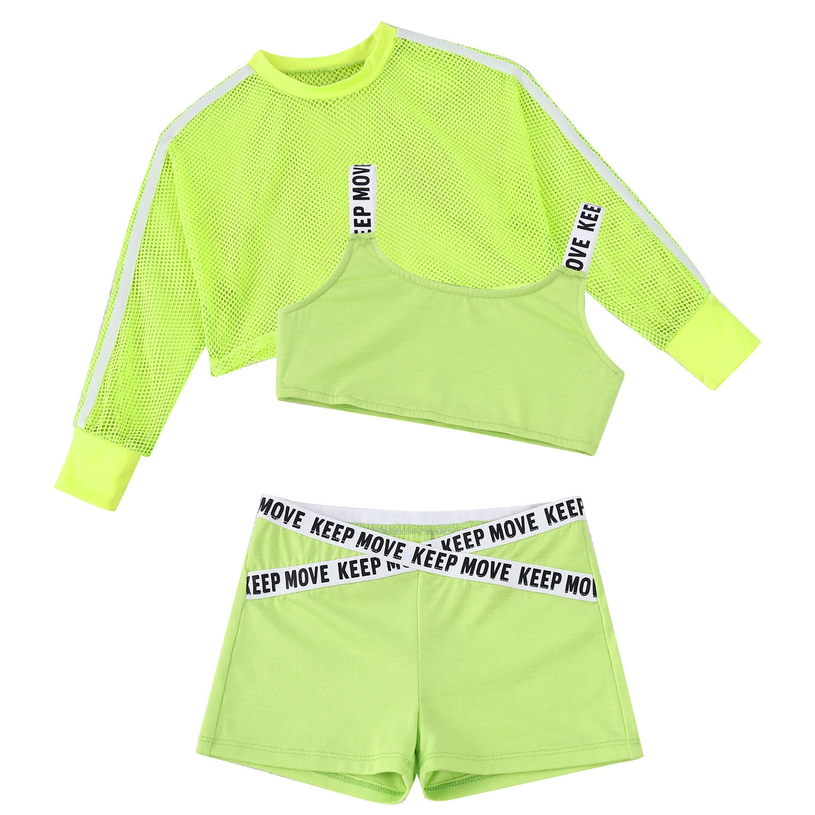 YONGHS Kids Girls Cool Hip Hop Dance Outfits 3pcs Workout Short Net ...