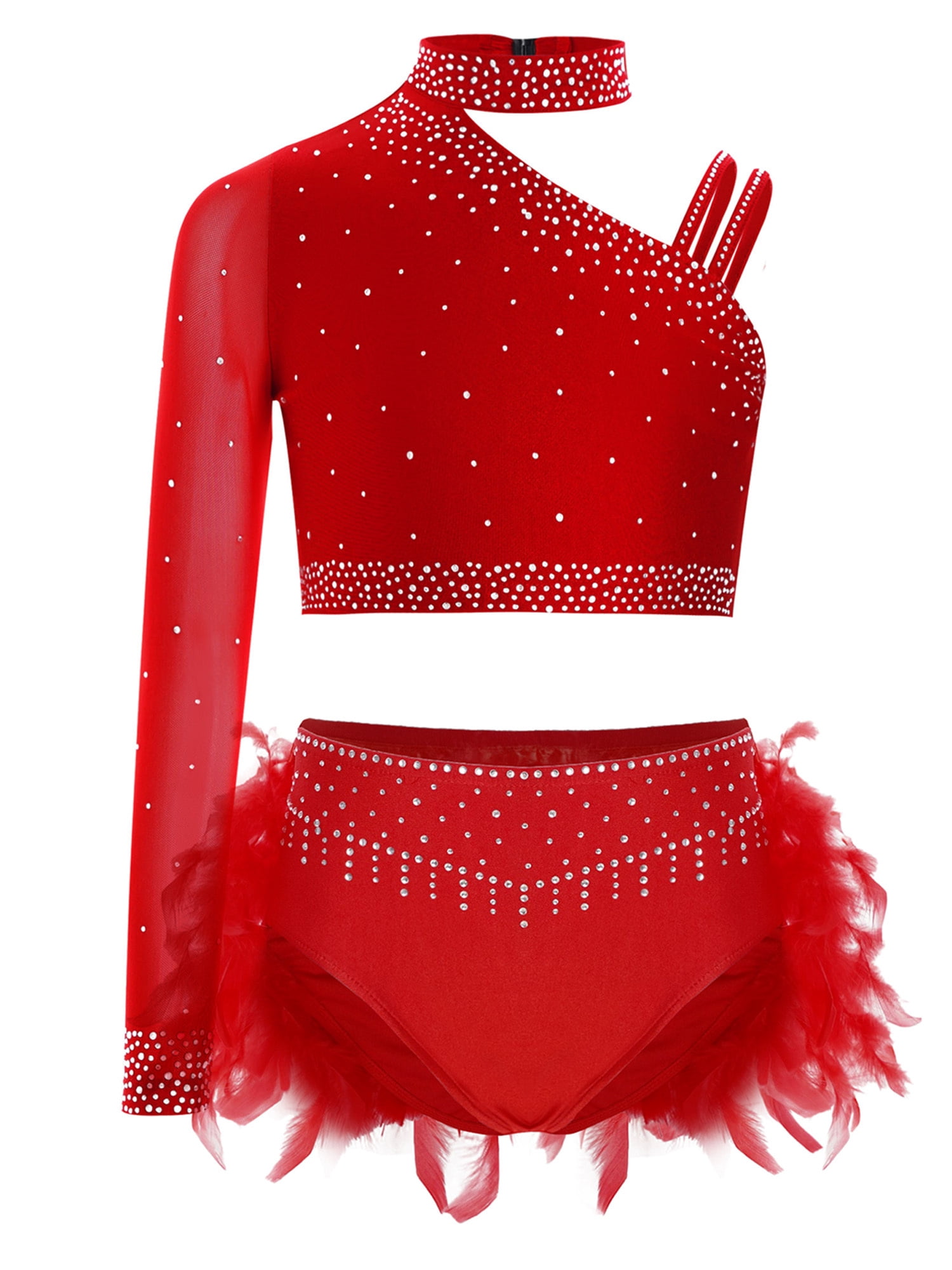 YONGHS Kids Girls Crop Top with Feather Briefs Modern Jazz Latin Dance ...