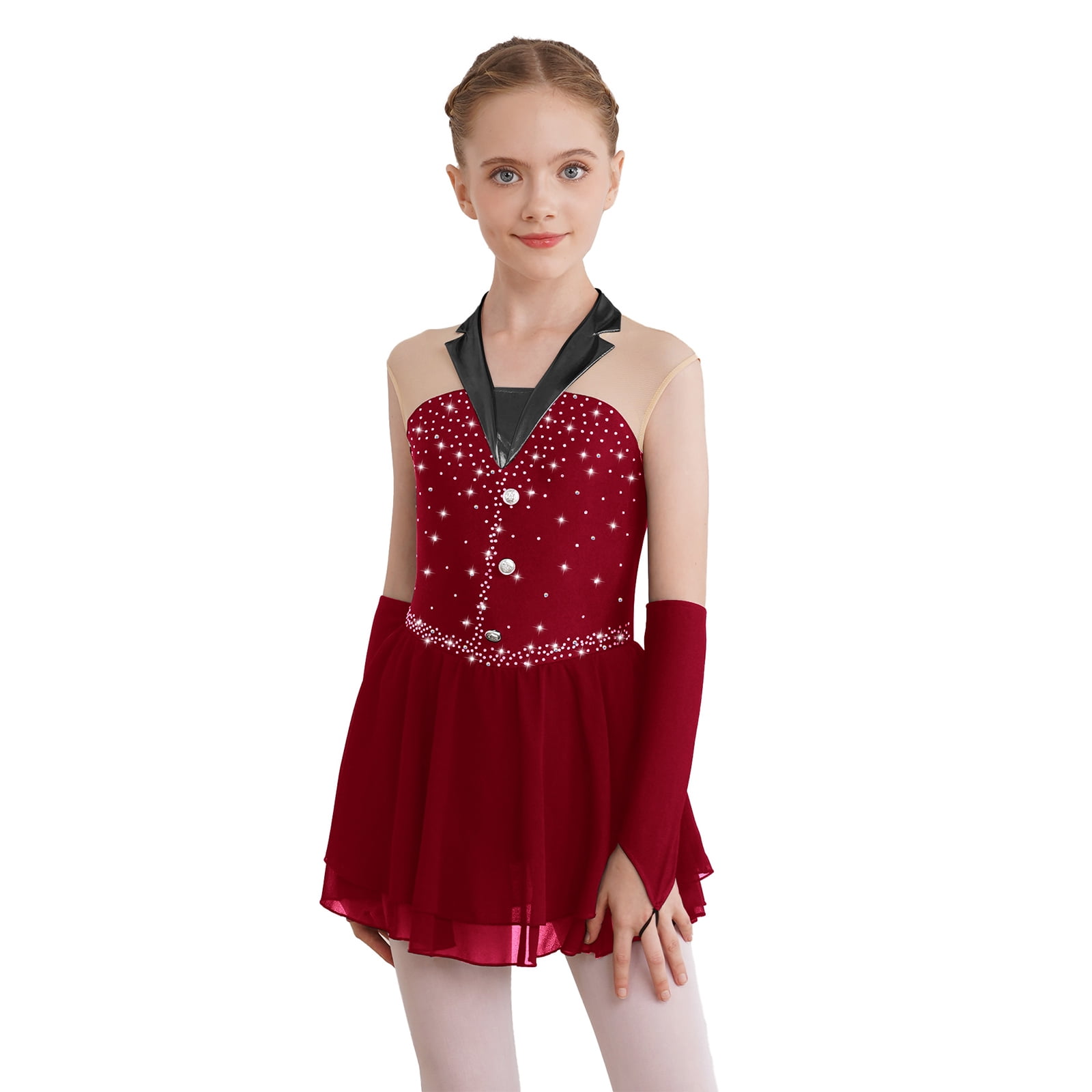 YONGHS Kids Girls Figure Ice Skating Dance Dress Sleeveless Mesh Splice ...
