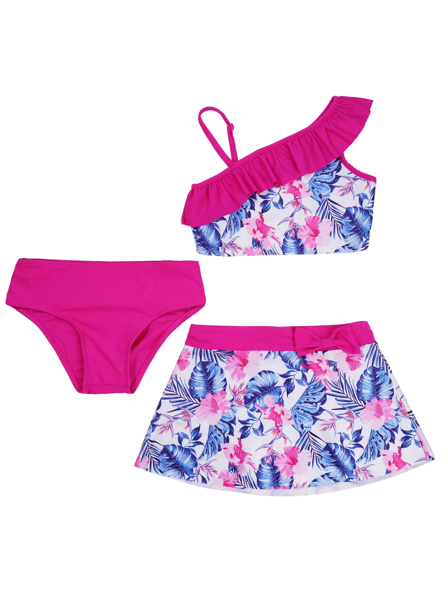 YONGHS Kids Girls Floral Tankini Set Ruffled Vest Tops with Skirt ...
