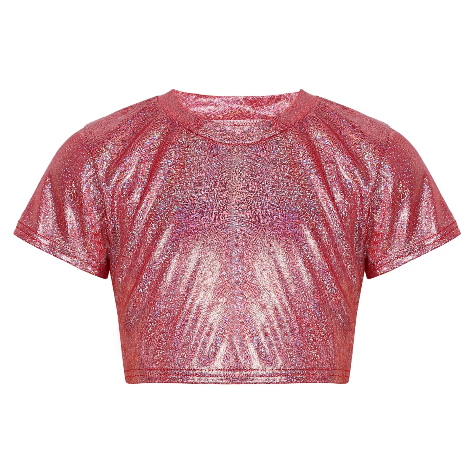 YONGHS Kids Girls Glittering Short Sleeve Crop Top Dance T-shirt 3-12 ...