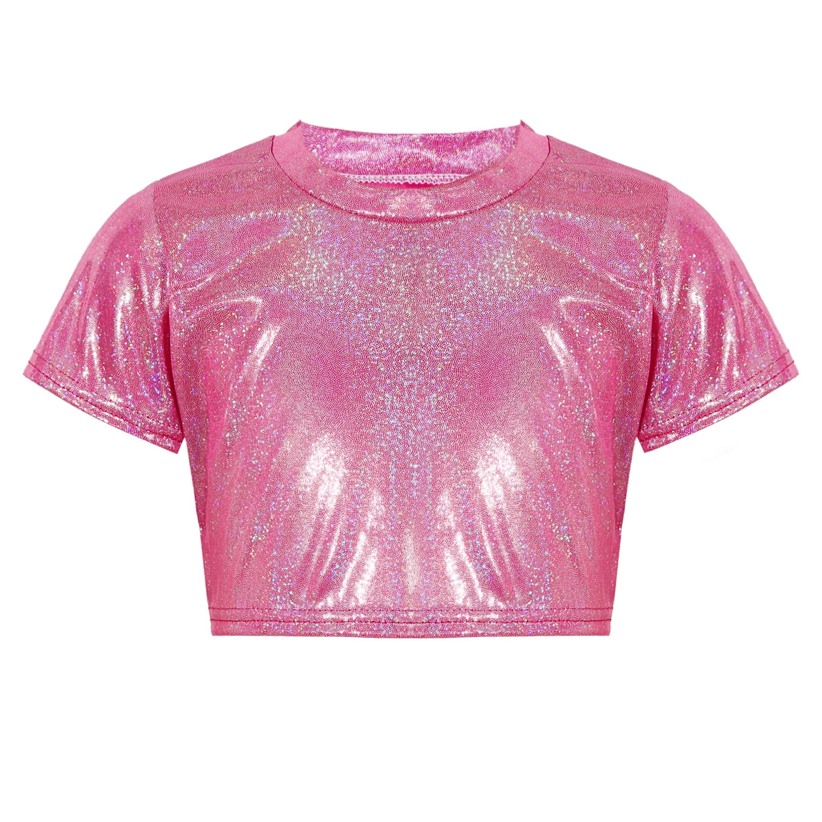 YONGHS Kids Girls Glittering Short Sleeve Crop Top Dance T-shirt 3-12 ...