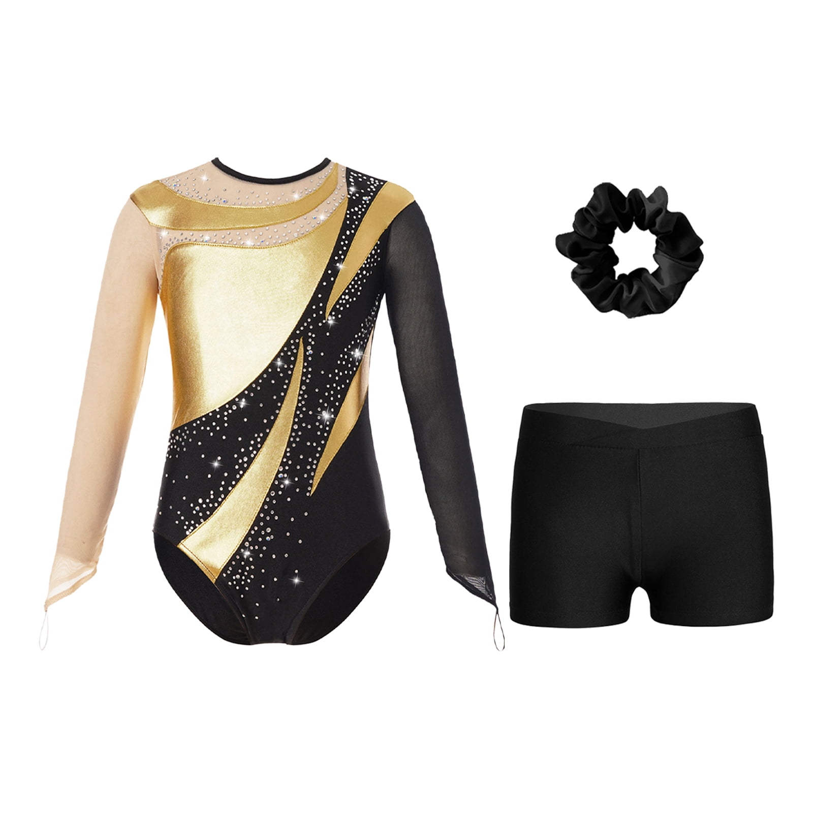 YONGHS Kids Girls Gymnastics Bodysuit with Shorts Hair Scrunchie Set ...