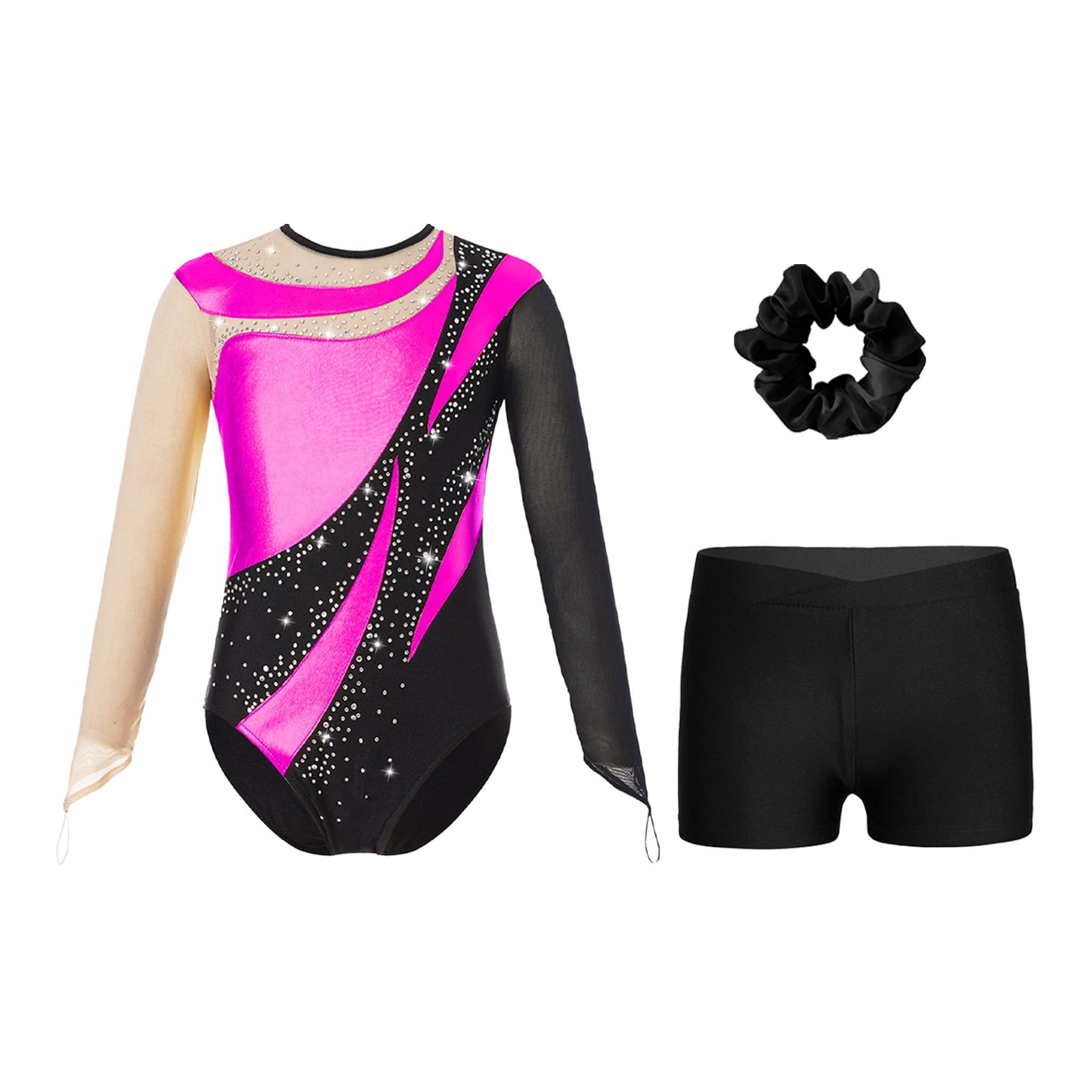 YONGHS Kids Girls Gymnastics Bodysuit with Shorts Hair Scrunchie Set ...
