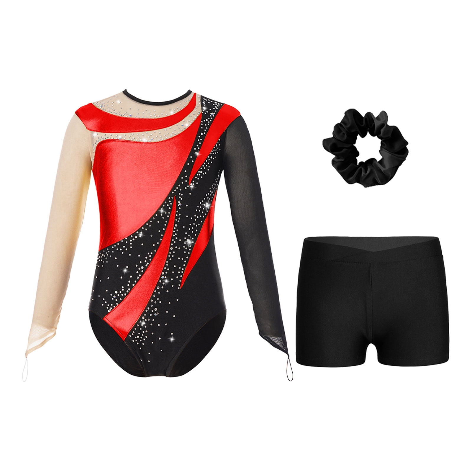 YONGHS Kids Girls Gymnastics Bodysuit with Shorts Hair Scrunchie Set ...
