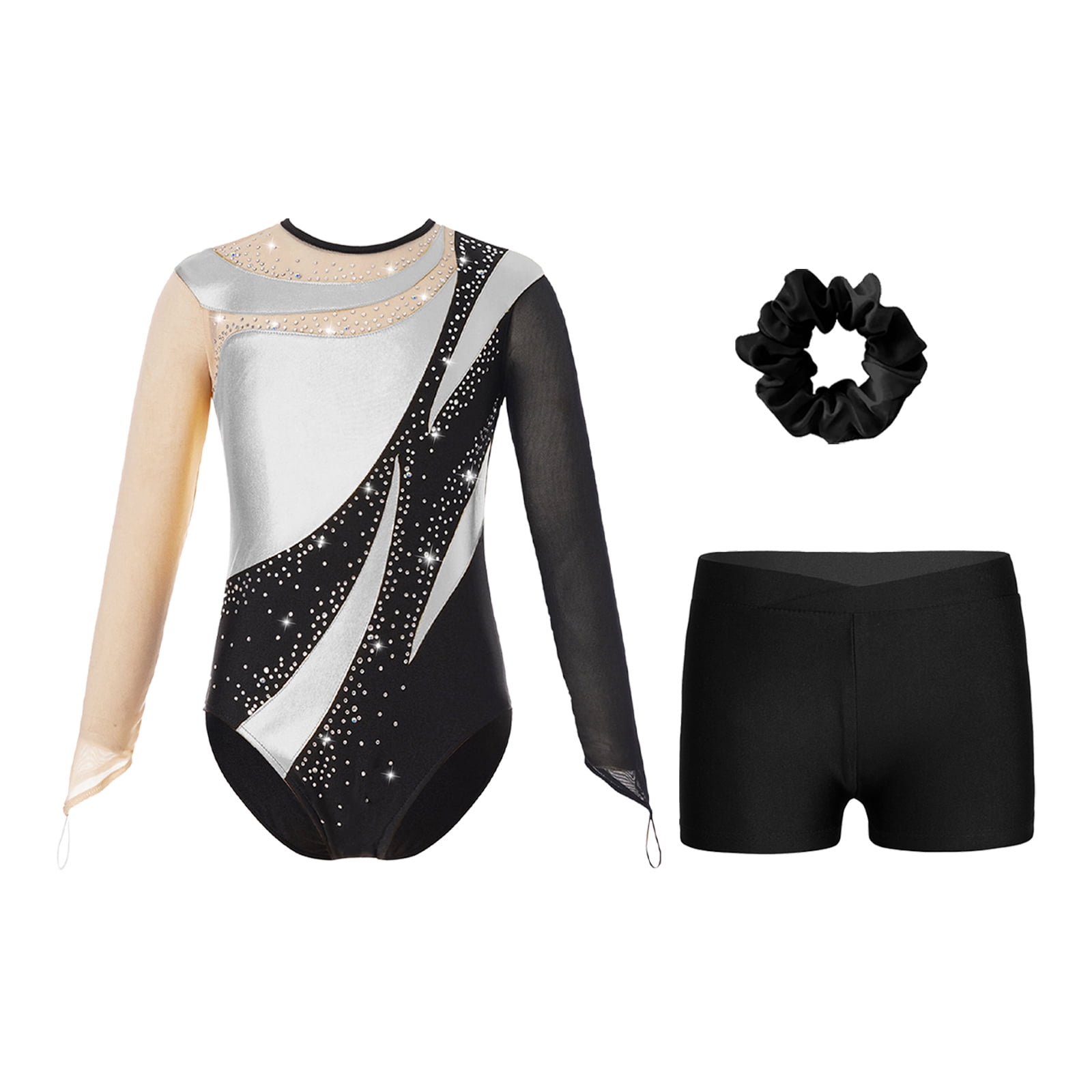 YONGHS Kids Girls Gymnastics Bodysuit with Shorts Hair Scrunchie Set ...