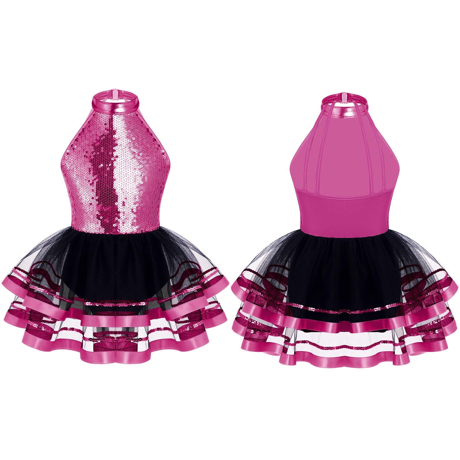 YONGHS Kids Girls Halter Neck Sequins Mesh Tutu Dress Gymnastic Leotard ...