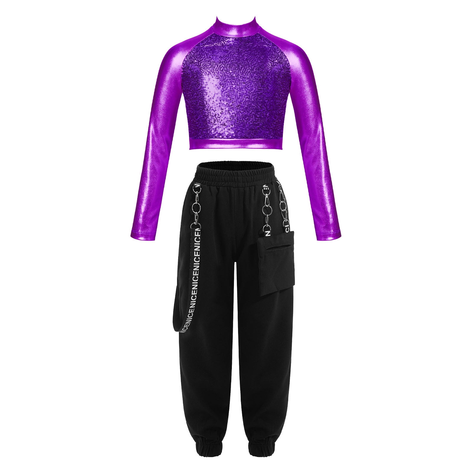 YONGHS Kids Girls Hip Hop Dance Costume Outfits Long Sleeve Sequin Crop ...