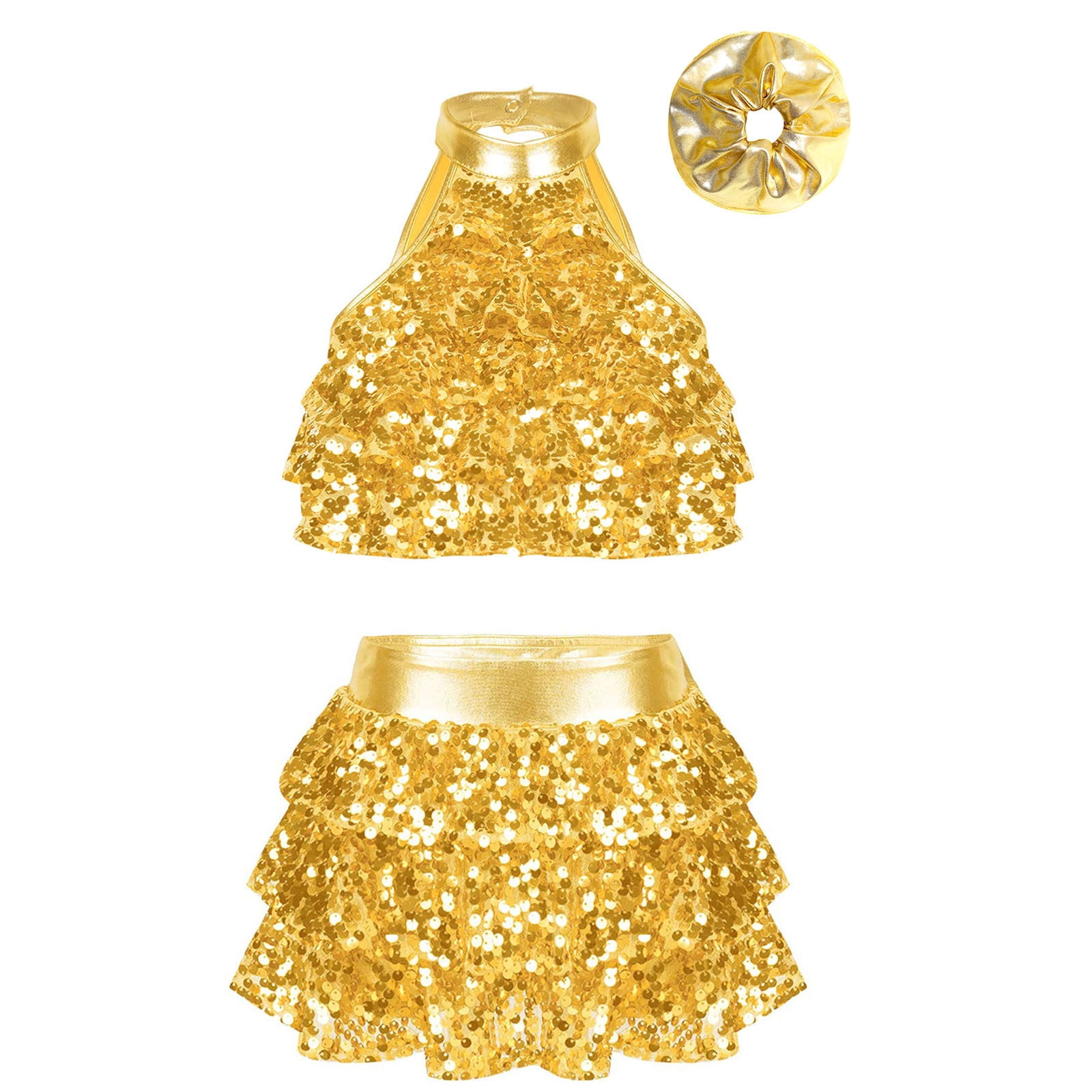 YONGHS Kids Girls Hip Hop Dancewear Shiny Sequins Halter Neck Crop Top ...
