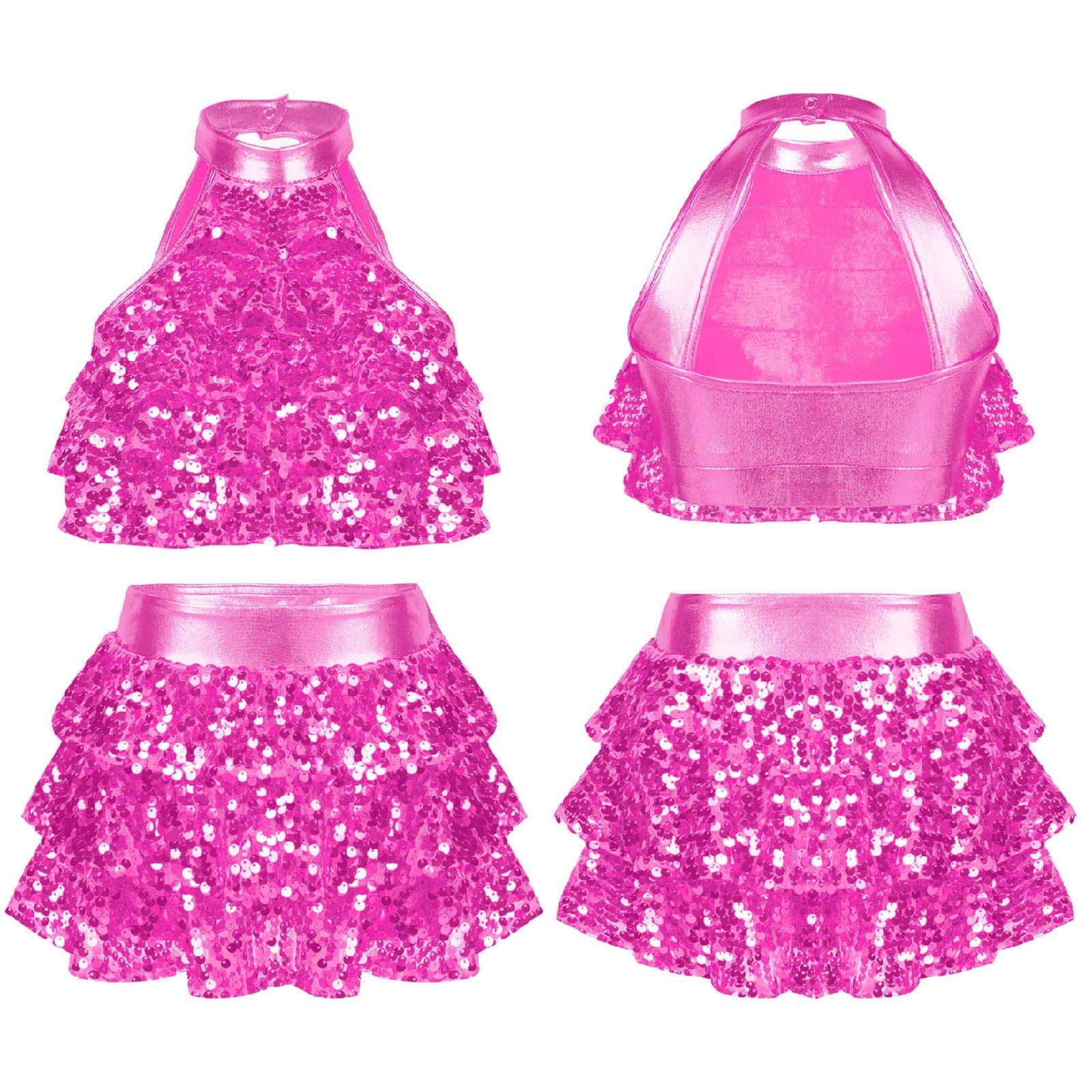 YONGHS Kids Girls Hip Hop Dancewear Shiny Sequins Halter Neck Crop Top ...