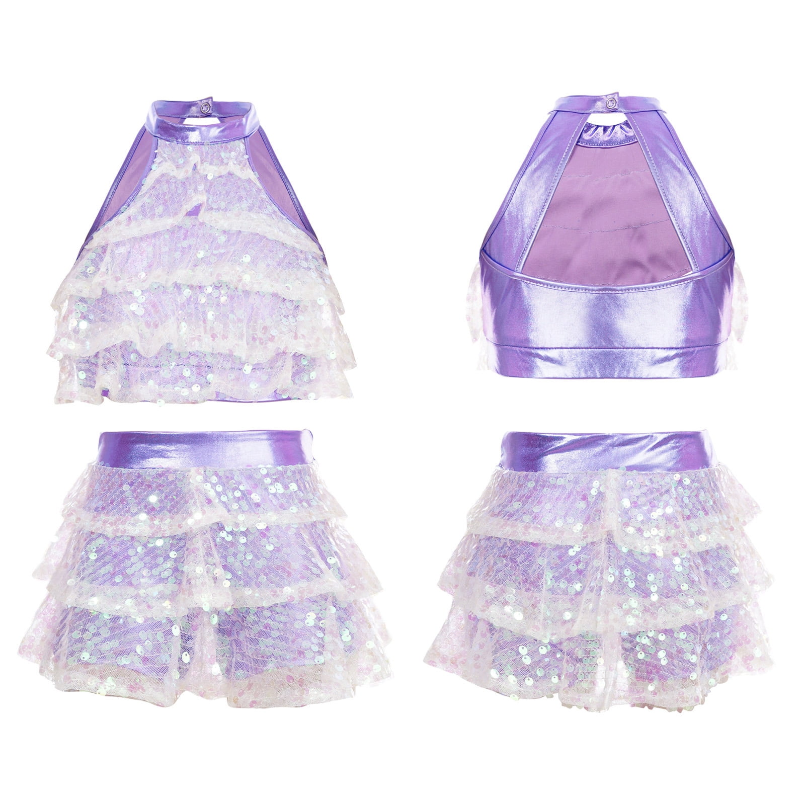 YONGHS Kids Girls Hip Hop Dancewear Shiny Sequins Halter Neck Crop Top ...