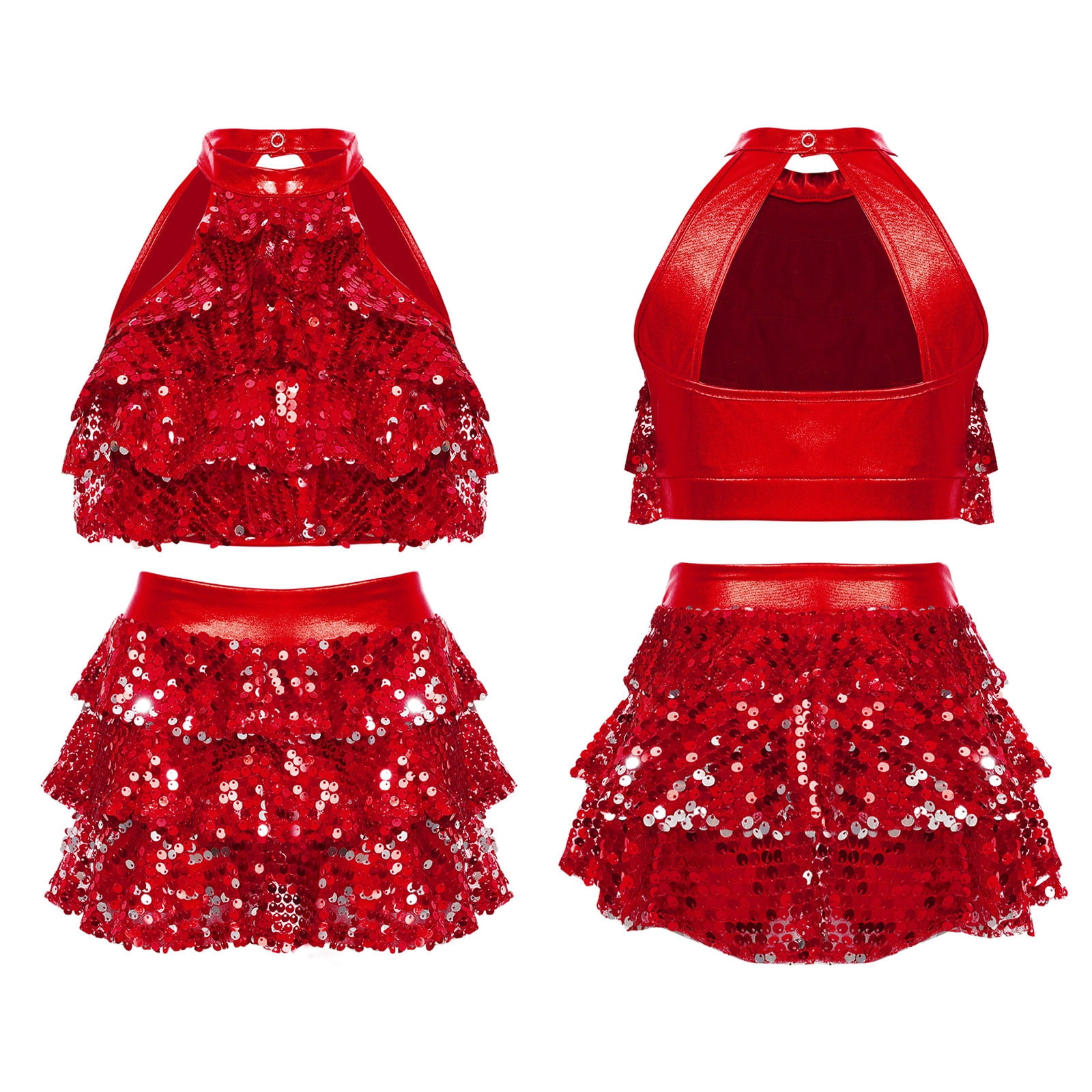 YONGHS Kids Girls Hip Hop Dancewear Shiny Sequins Halter Neck Crop Top ...