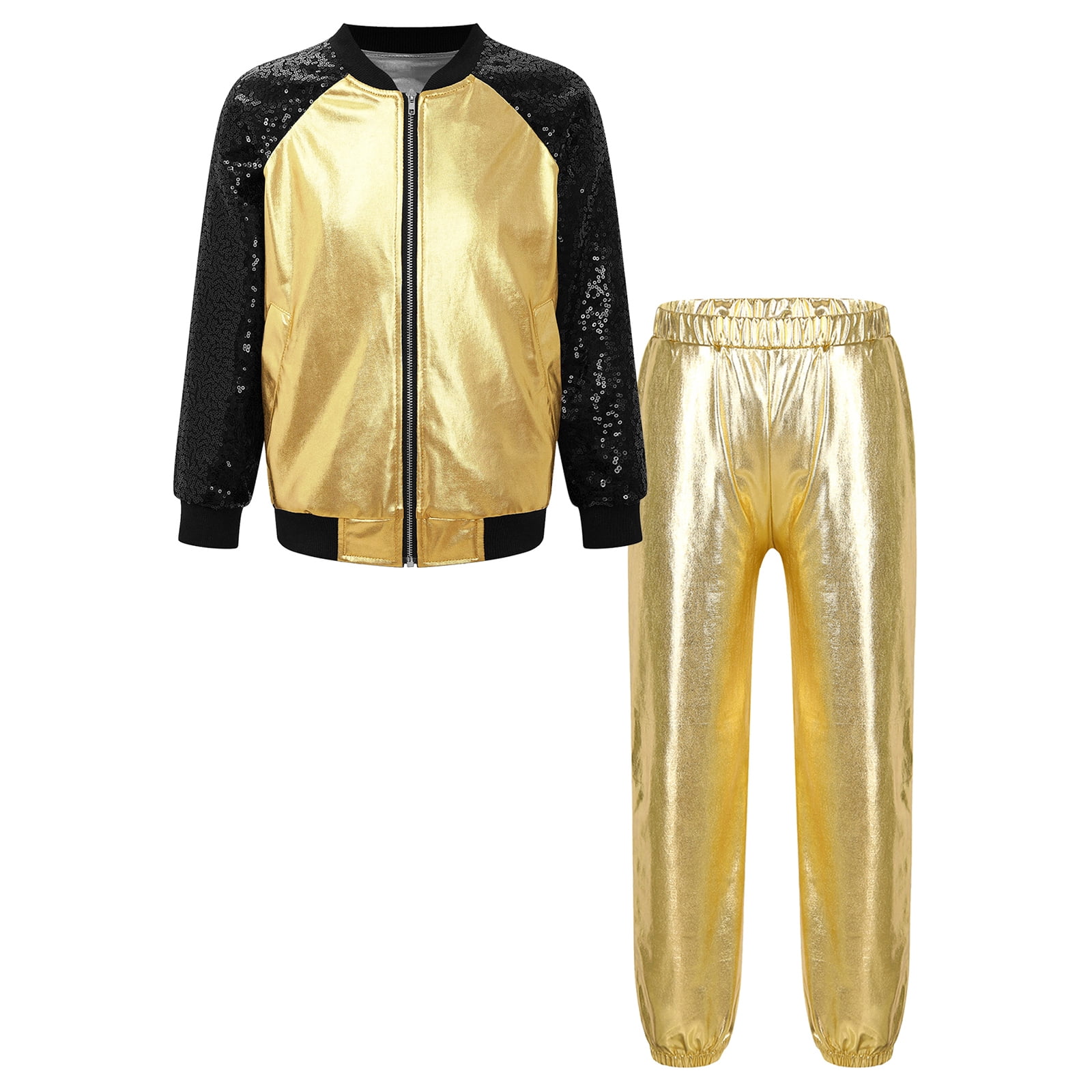 YONGHS Kids Girls Hip-hop Jazz Dance Outfits Shiny Sequins Metallic ...