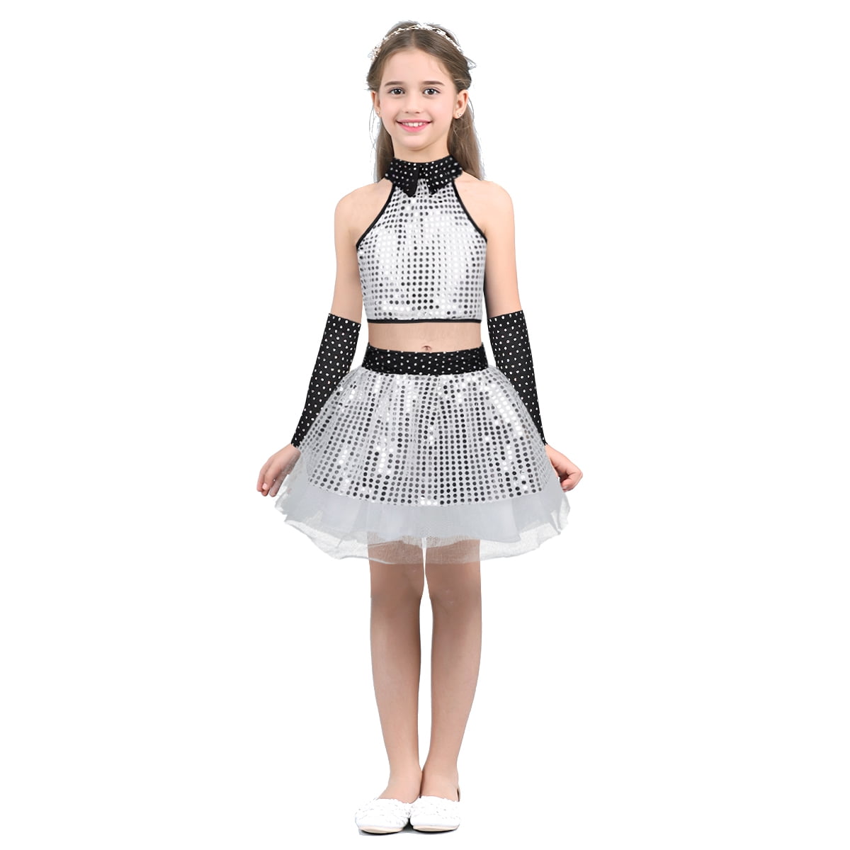 YONGHS Kids Girls Jazz Waltz Modern Dance Costume Outfit Sequins Crop ...