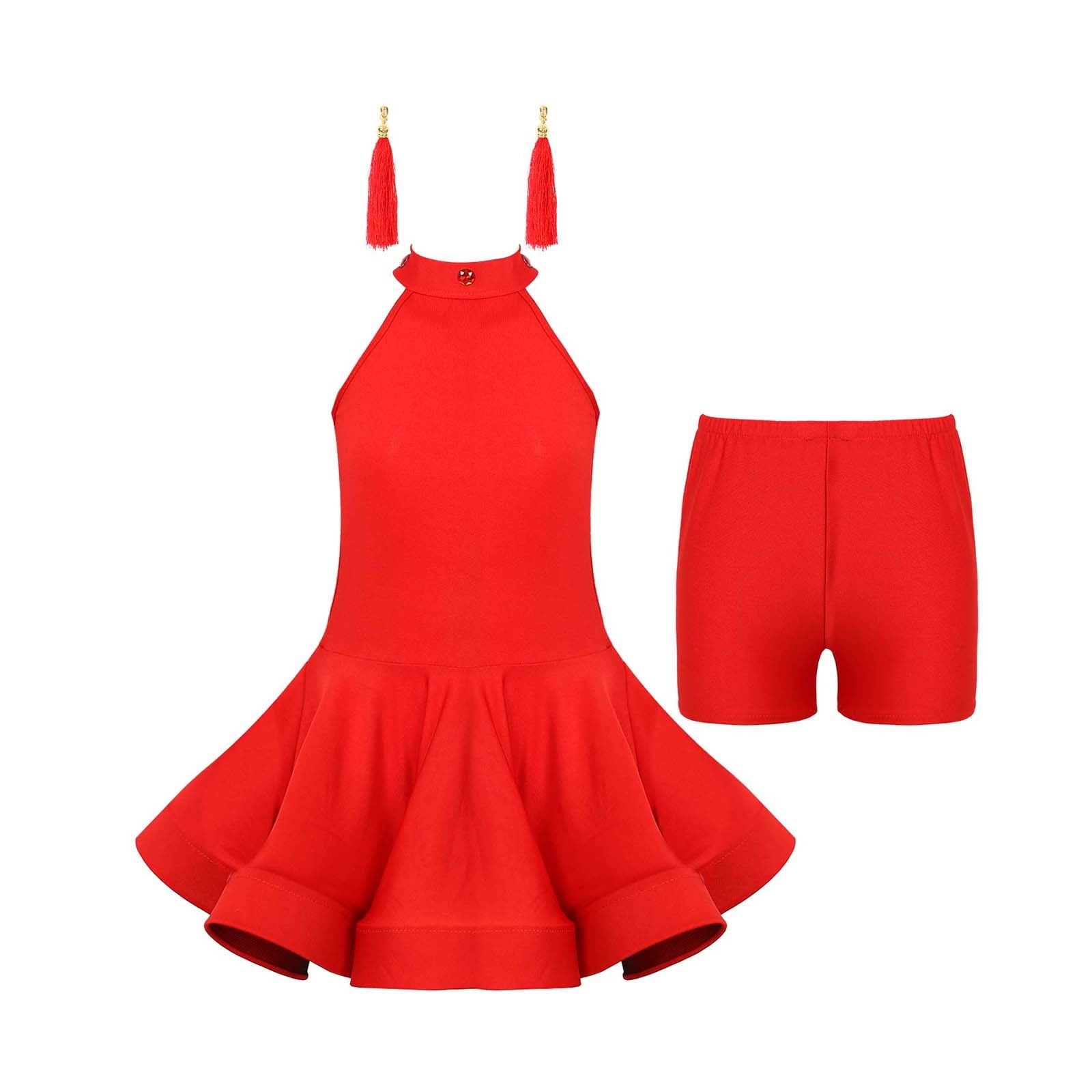 YONGHS Kids Girls Latin Ballet Dance Dress with Shorts Fringe Stage ...