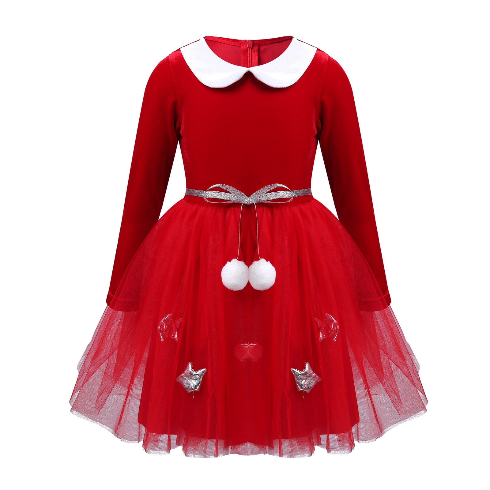 YONGHS Kids Girls Long Sleeve Doll Collar Christmas Holiday Party Tutu ...