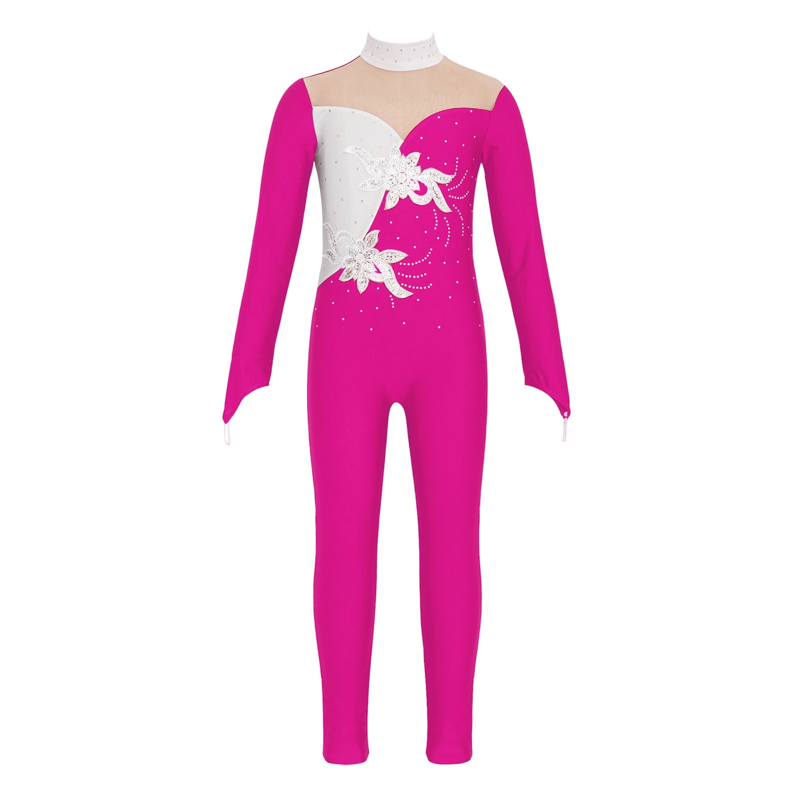 YONGHS Kids Girls Long Sleeve Gymnastic Leotard Floral Sequin Dance Ice ...