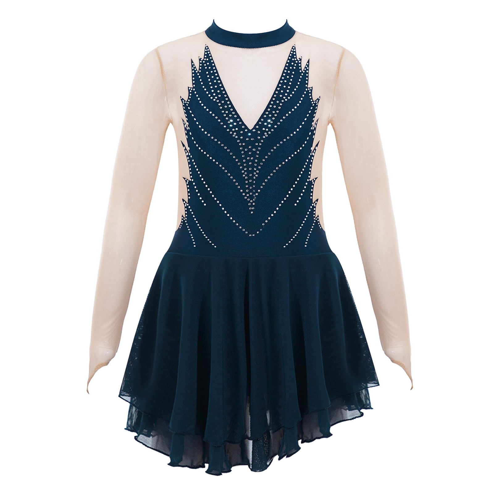 YONGHS Kids Girls Long Sleeves Ice Roller Skating Dress Mesh Splice ...