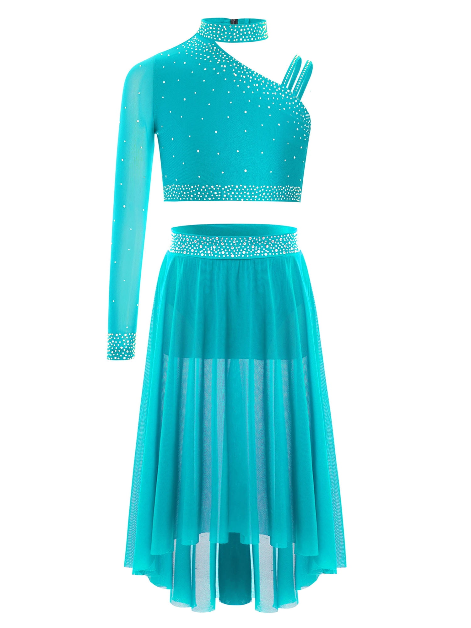 YONGHS Kids Girls Lyrical Dance Set Sparkly Crop Top with Side Slit ...
