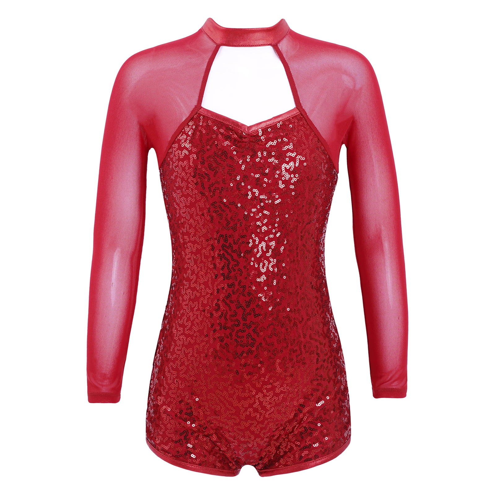 YONGHS Kids Girls Mesh Splice Long Sleeve Sequins Dance Leotards ...